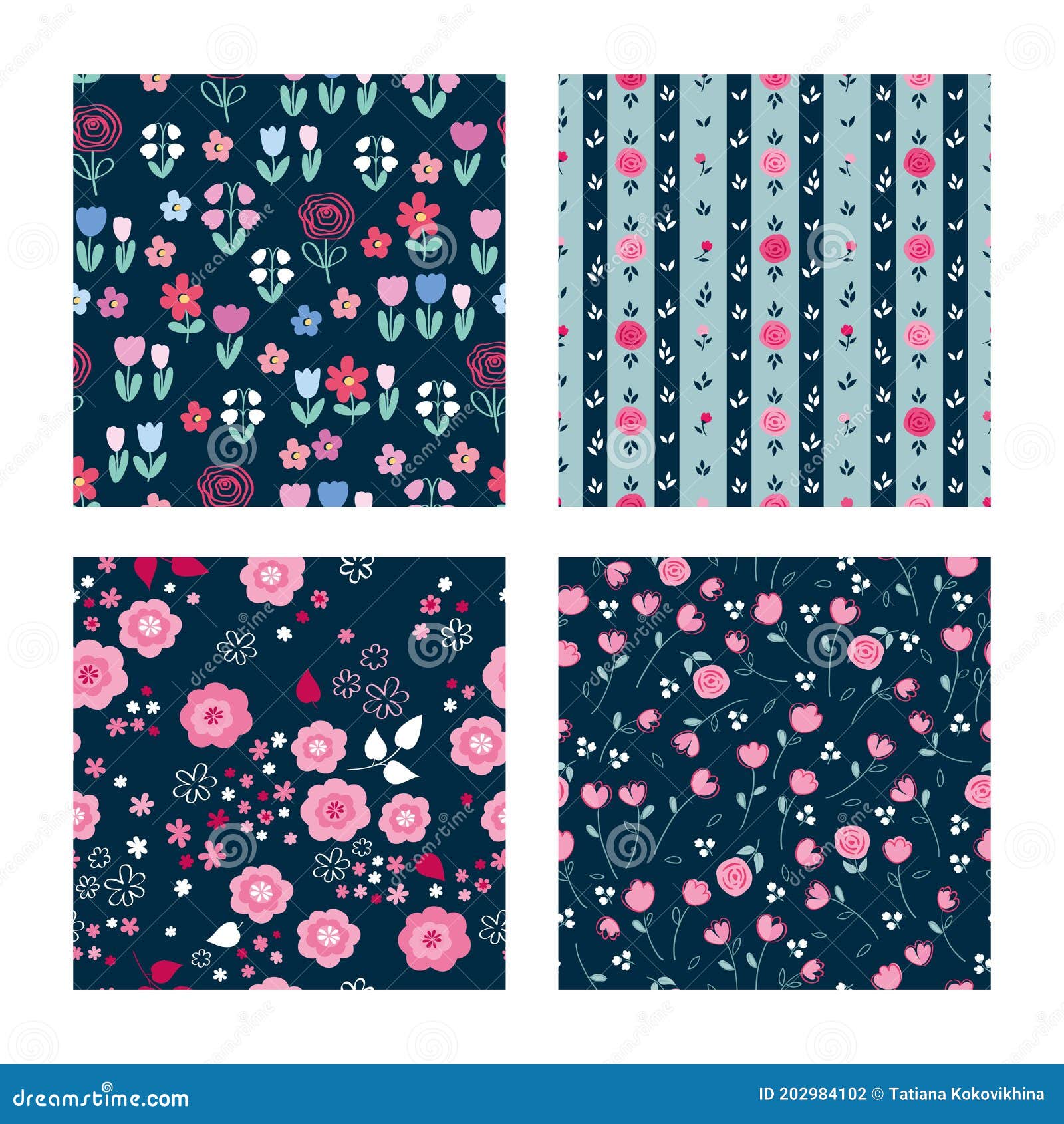 Set of Seamless Pretty Patterns with Decorative Flowers and Leaves ...