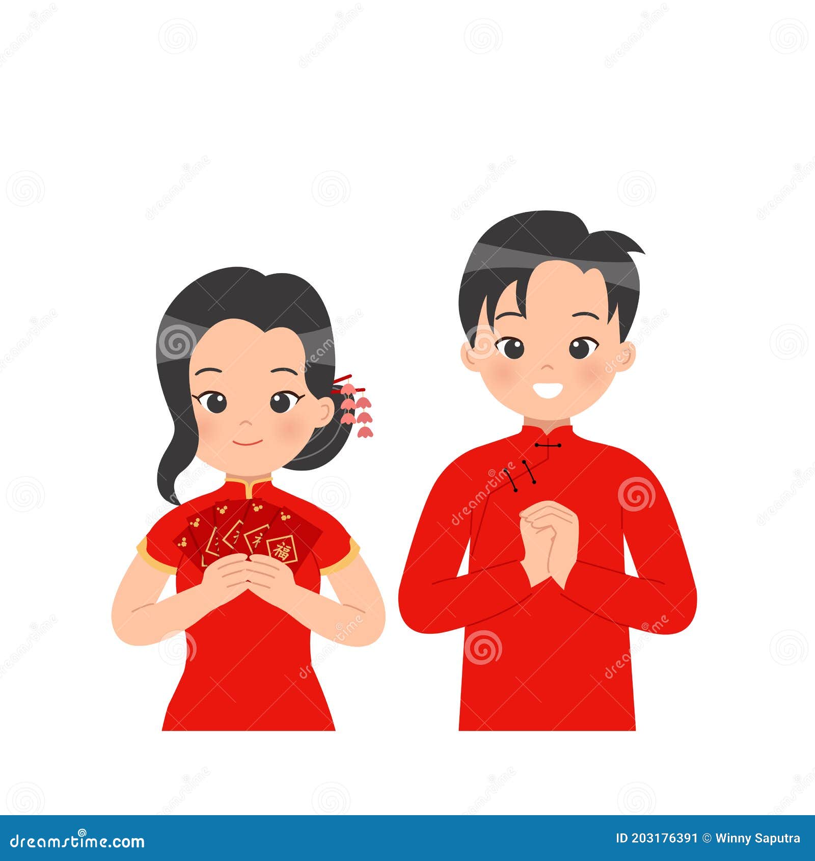 Chinese Couple in Traditional Costume Doing Fist and Palm Salute ...