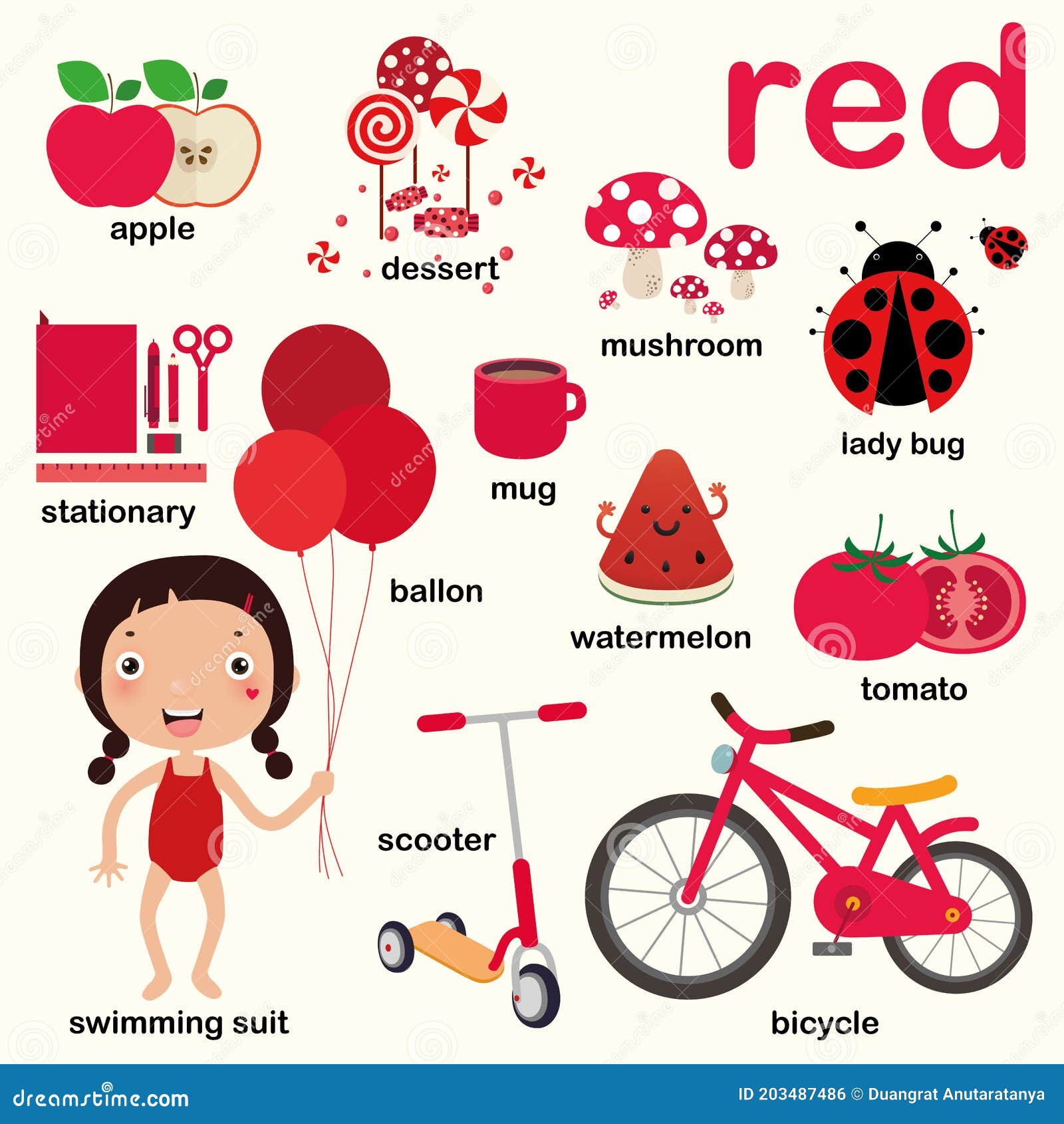 Learn Red Color, Educate Color and Vocabulary Set, Illustration of ...