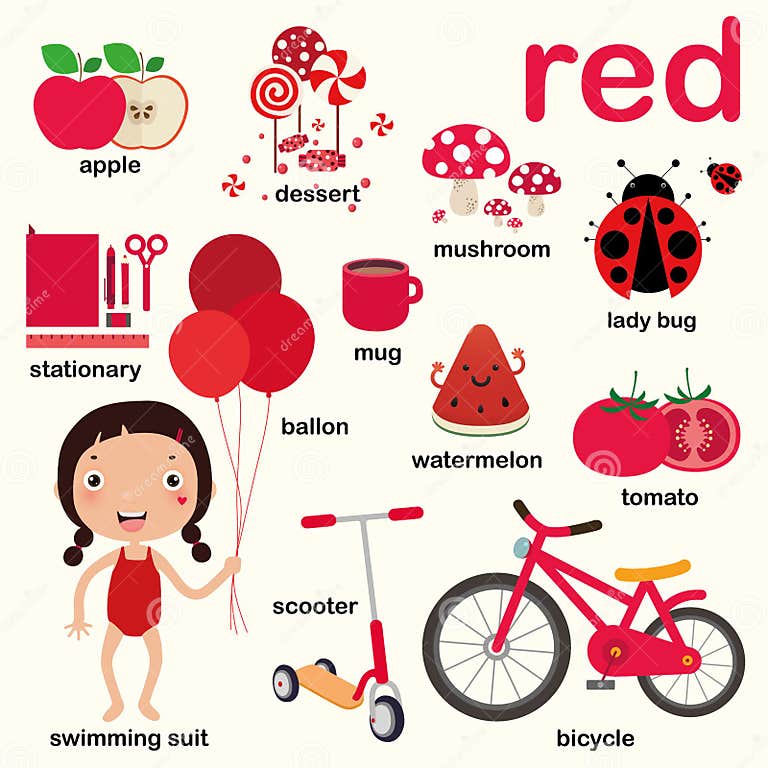 Learn Red Color, Educate Color and Vocabulary Set, Illustration of ...