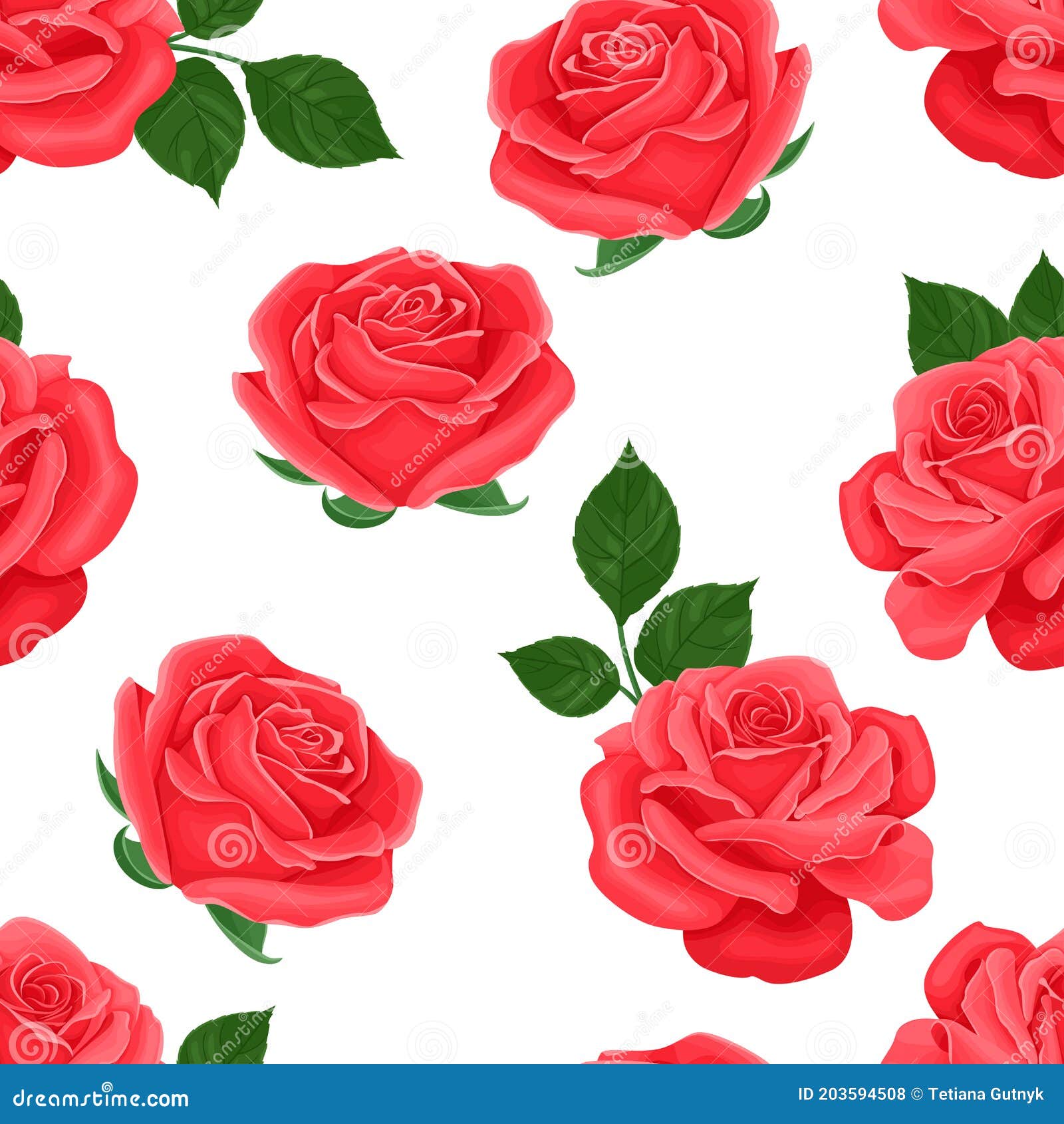 Red Roses Seamless Pattern. Blooming Heads of Beautiful Flowers and ...