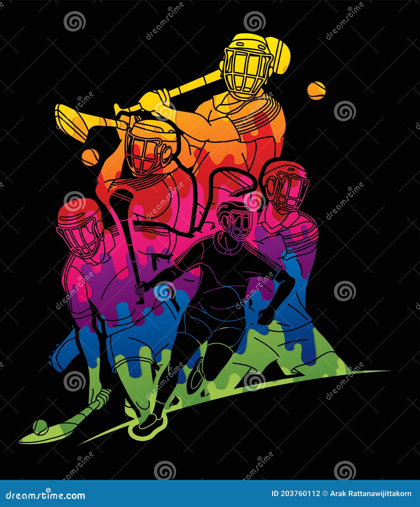 Group of Hurling Sport Players Action. Irish Hurley Sport Cartoon ...