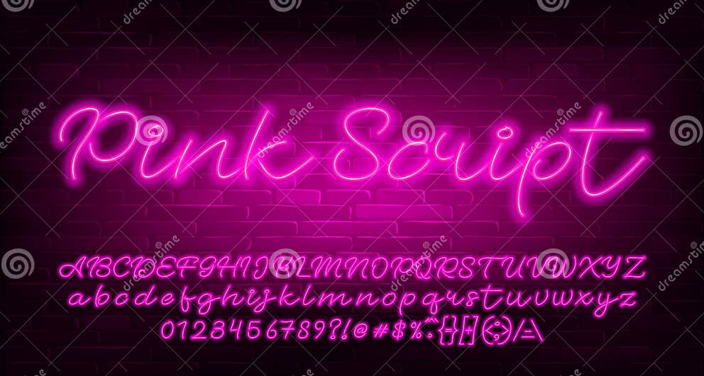 Pink Script Alphabet Font. Pink Neon Light Letters, Numbers and Symbols ...