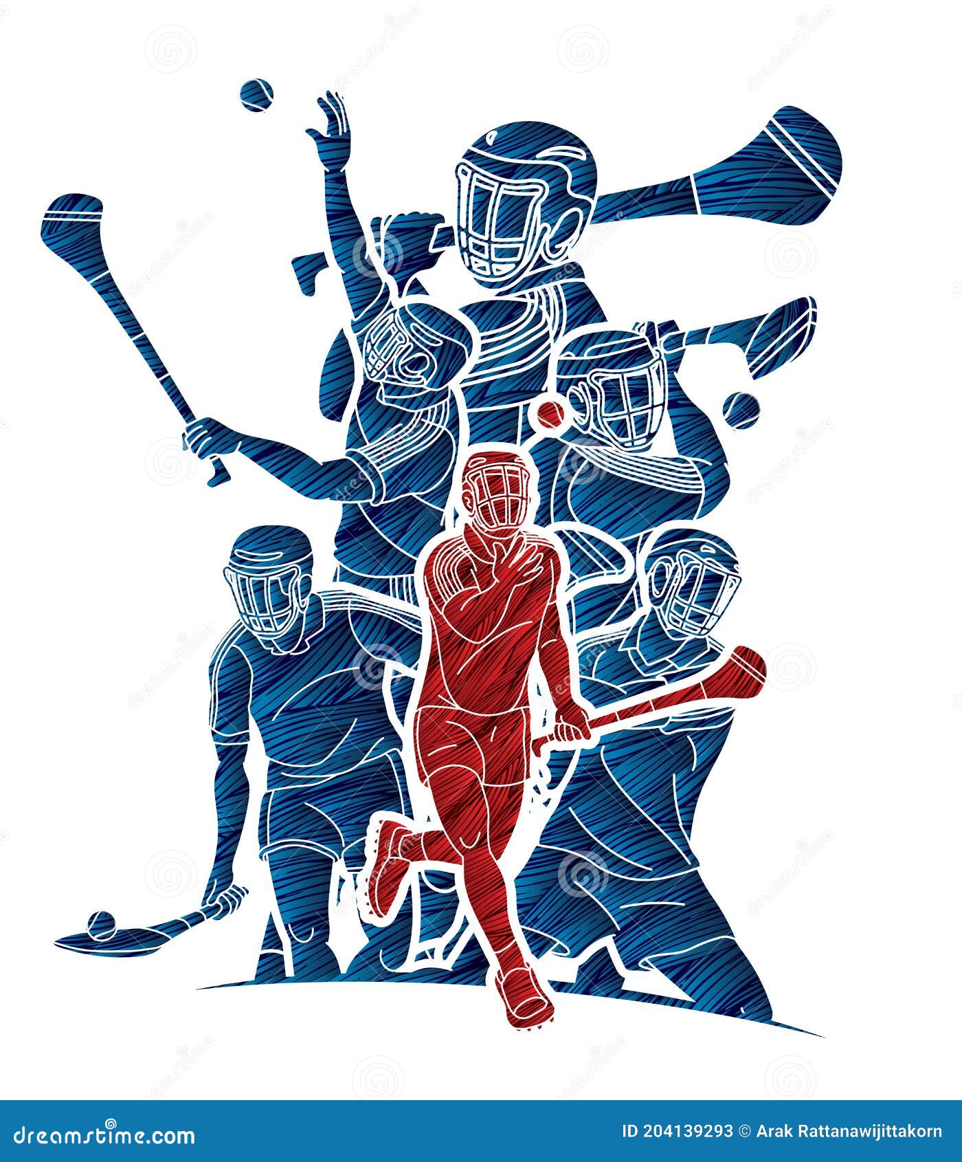 Group of Hurling Sport Players Action. Irish Hurley Sport Cartoon ...