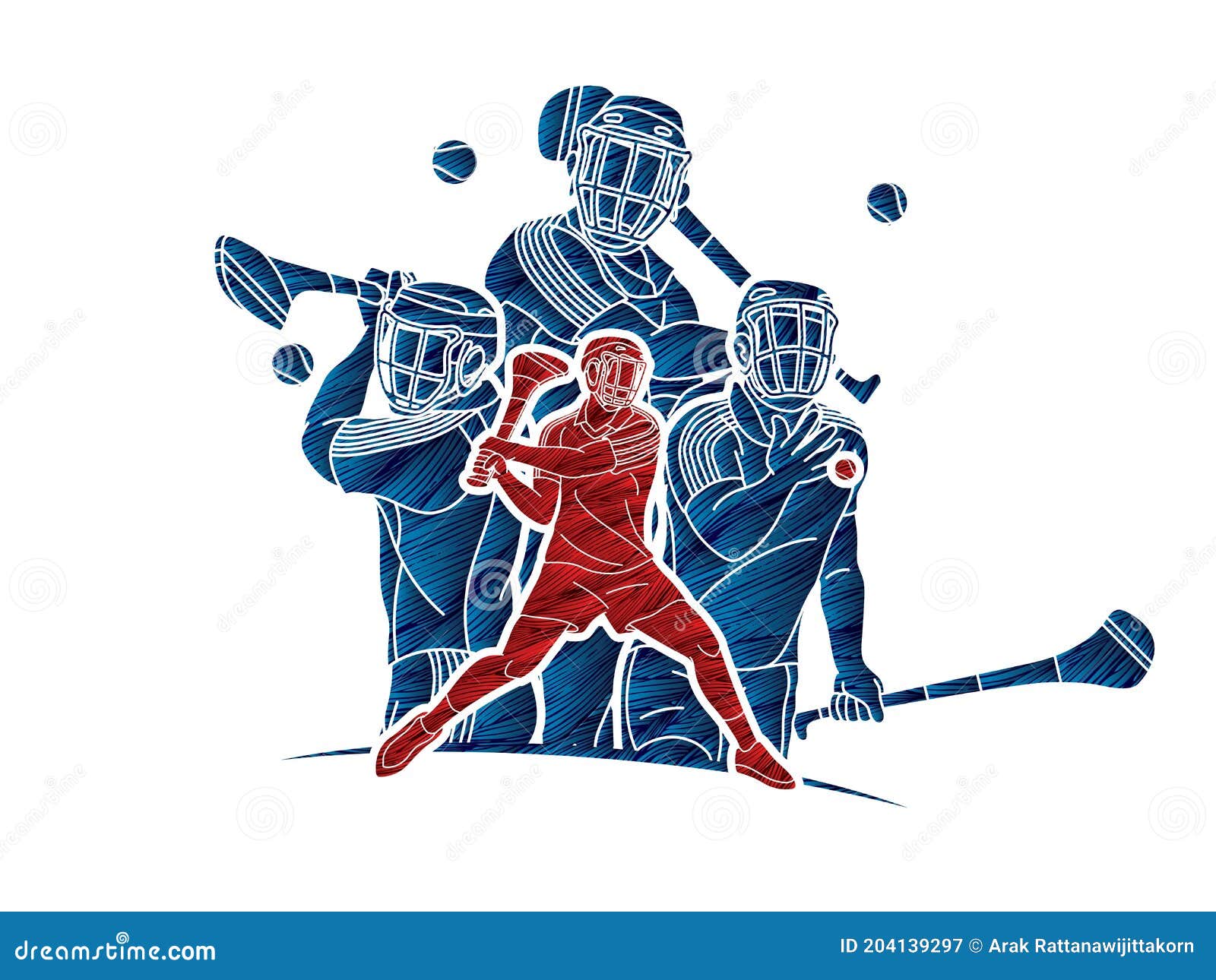 Group of Hurling Sport Players Action. Irish Hurley Sport Cartoon ...