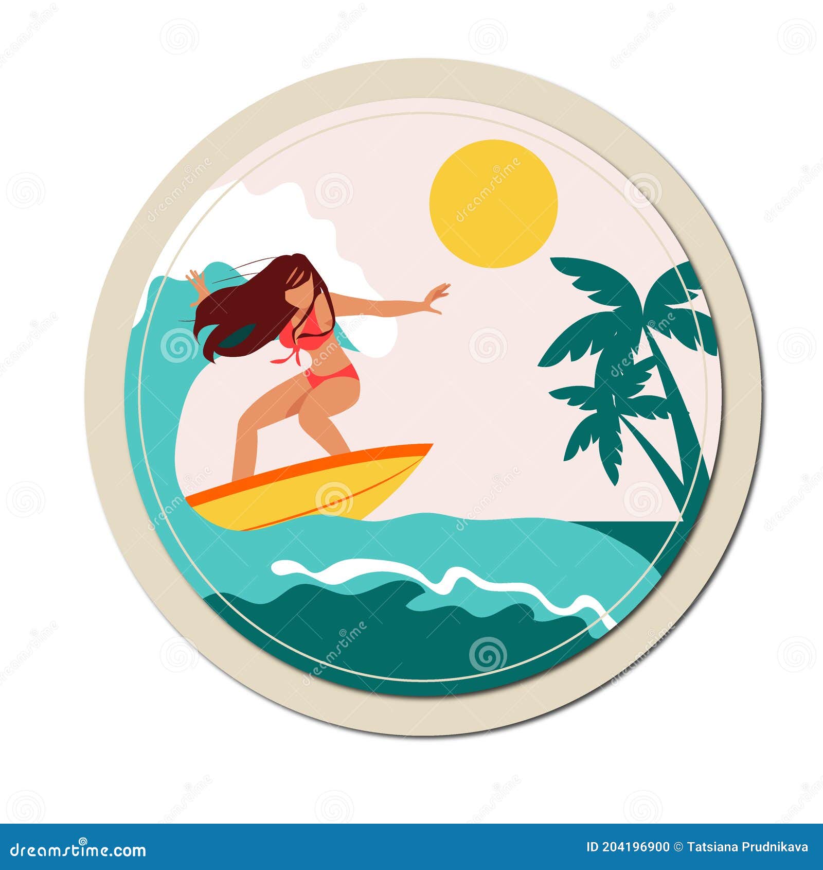 Girl Conquers The Wave Tropical Beach Raging Ocean Cartoon Vector ...