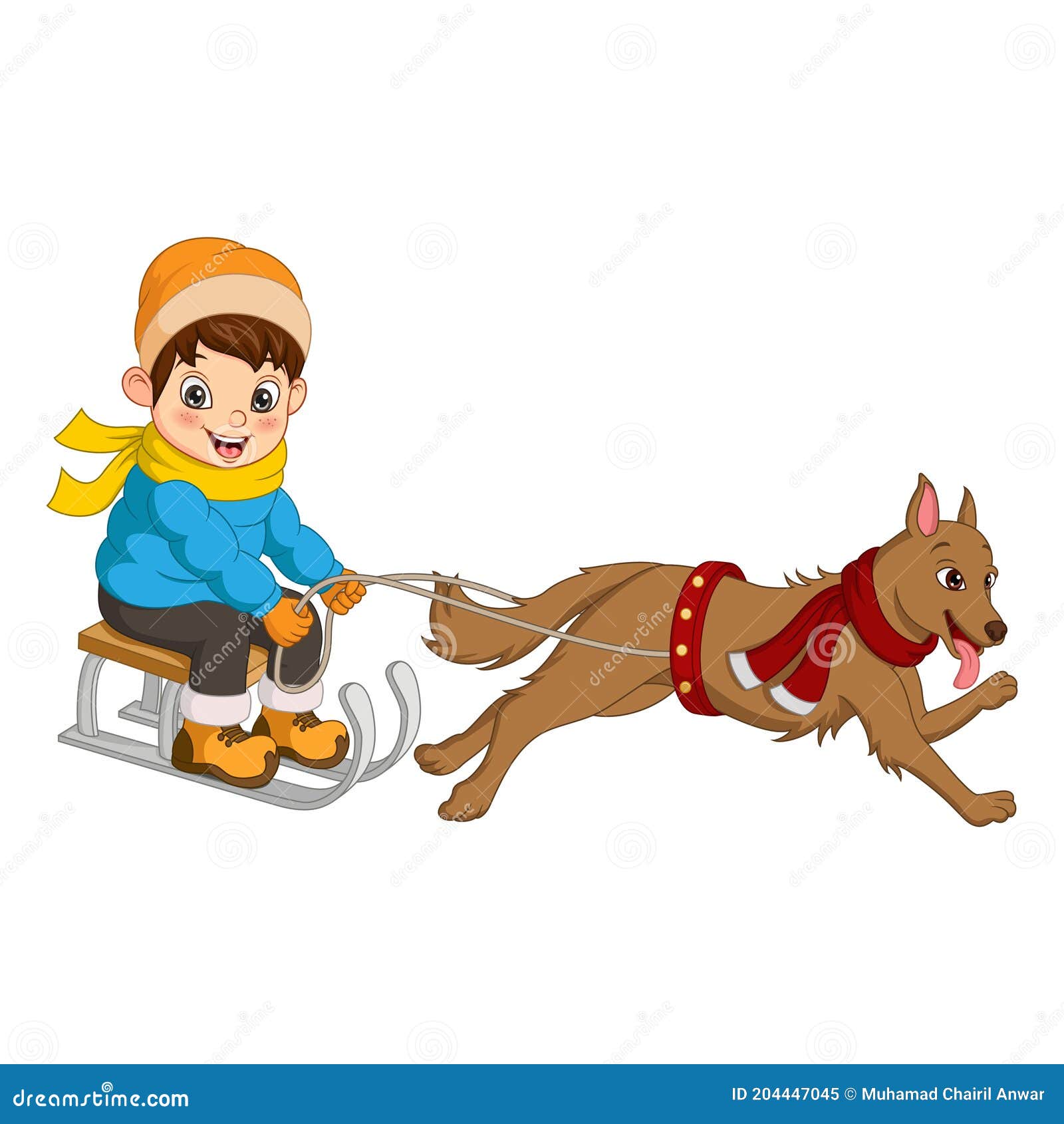 Cute Little Kid Rides Sledge Pulled by a Dog Stock Vector ...