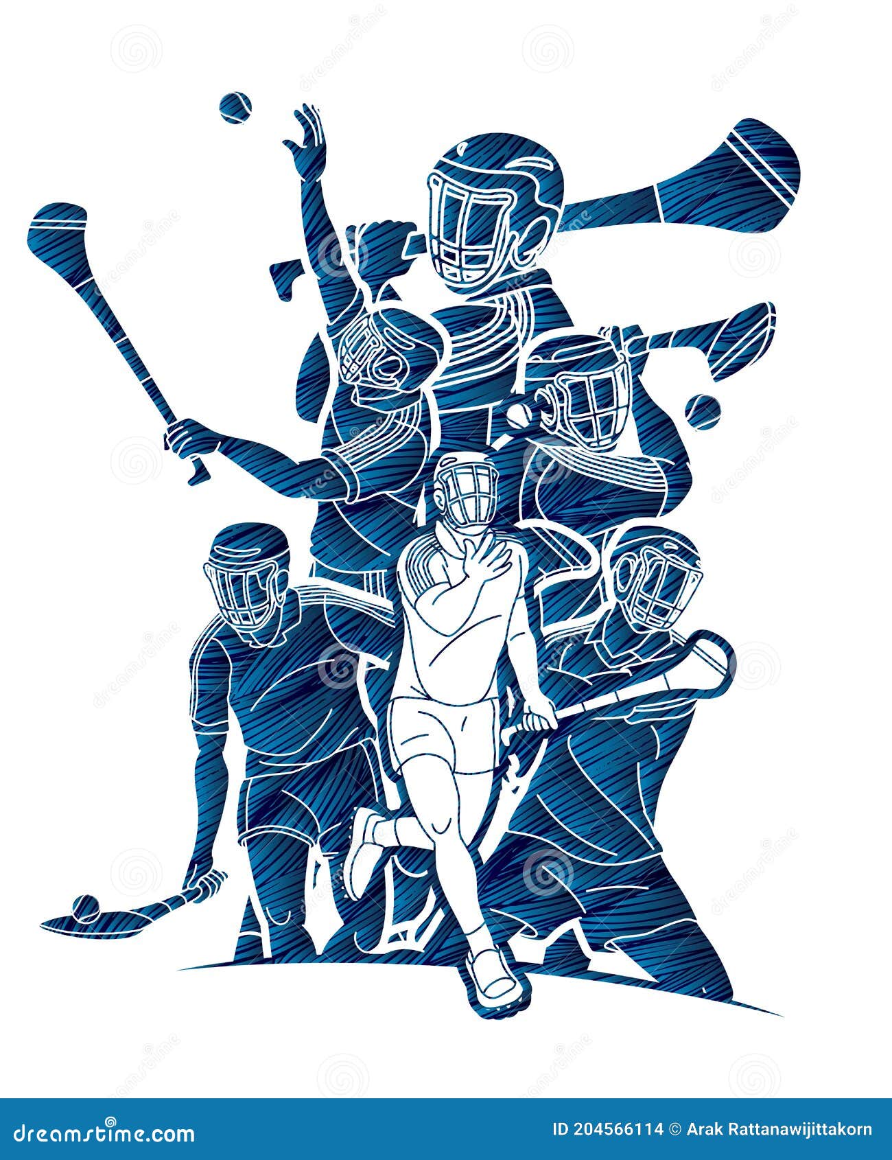 Group of Hurling Sport Players Action. Irish Hurley Sport Cartoon ...