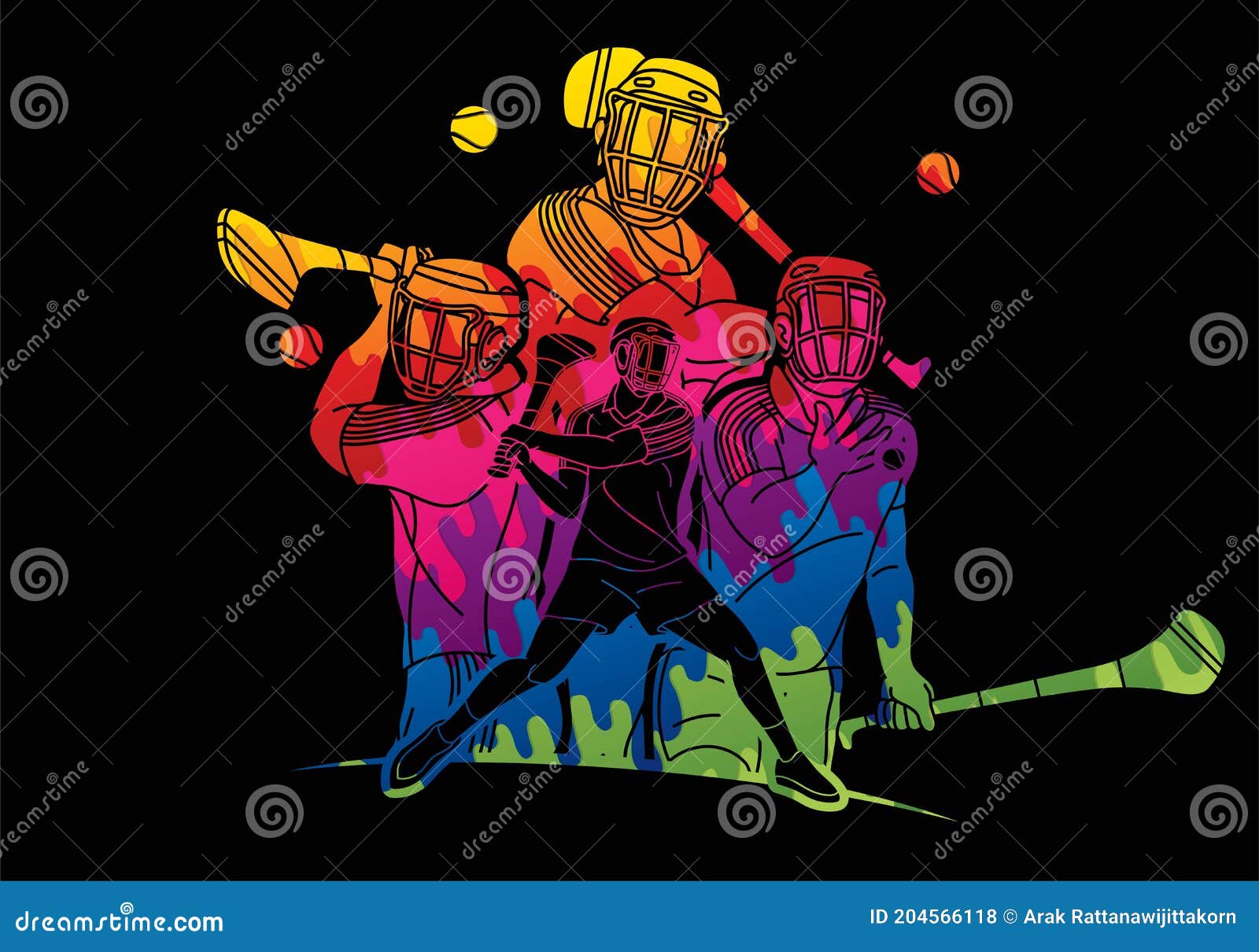 Group of Hurling Sport Players Action. Irish Hurley Sport Cartoon ...