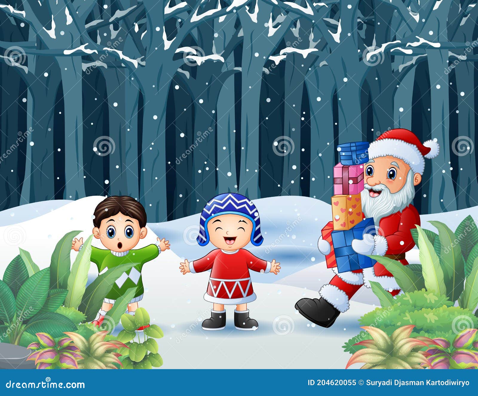 Santa Giving Gift To Kids on Snowy Forest Landscape Stock Vector ...