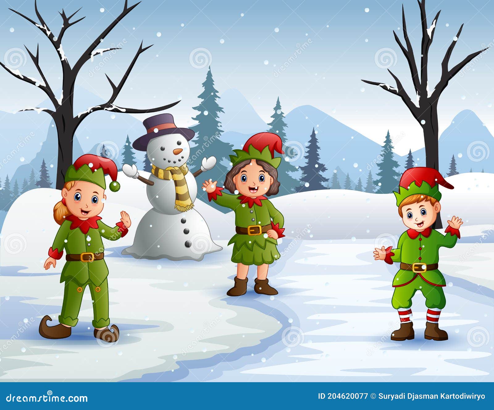 Three Elves Waving in the Snowy Forest Stock Illustration ...