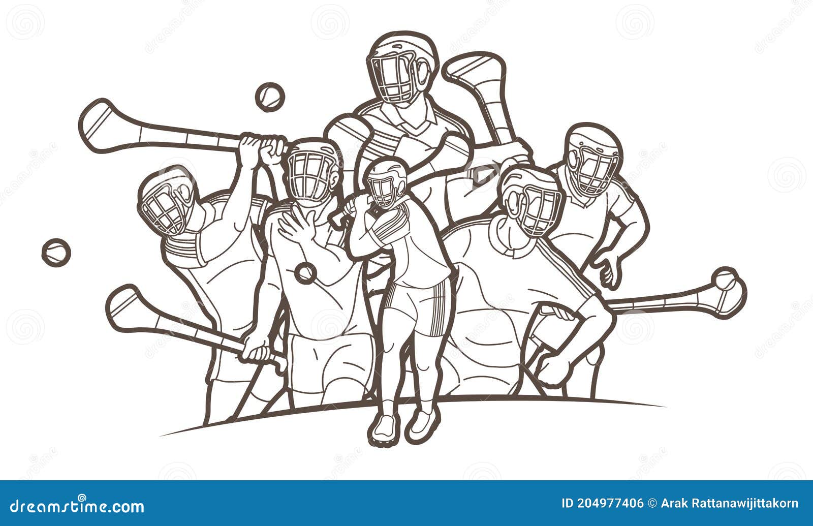 Group of Hurling Sport Players Action. Irish Hurley Sport Cartoon ...