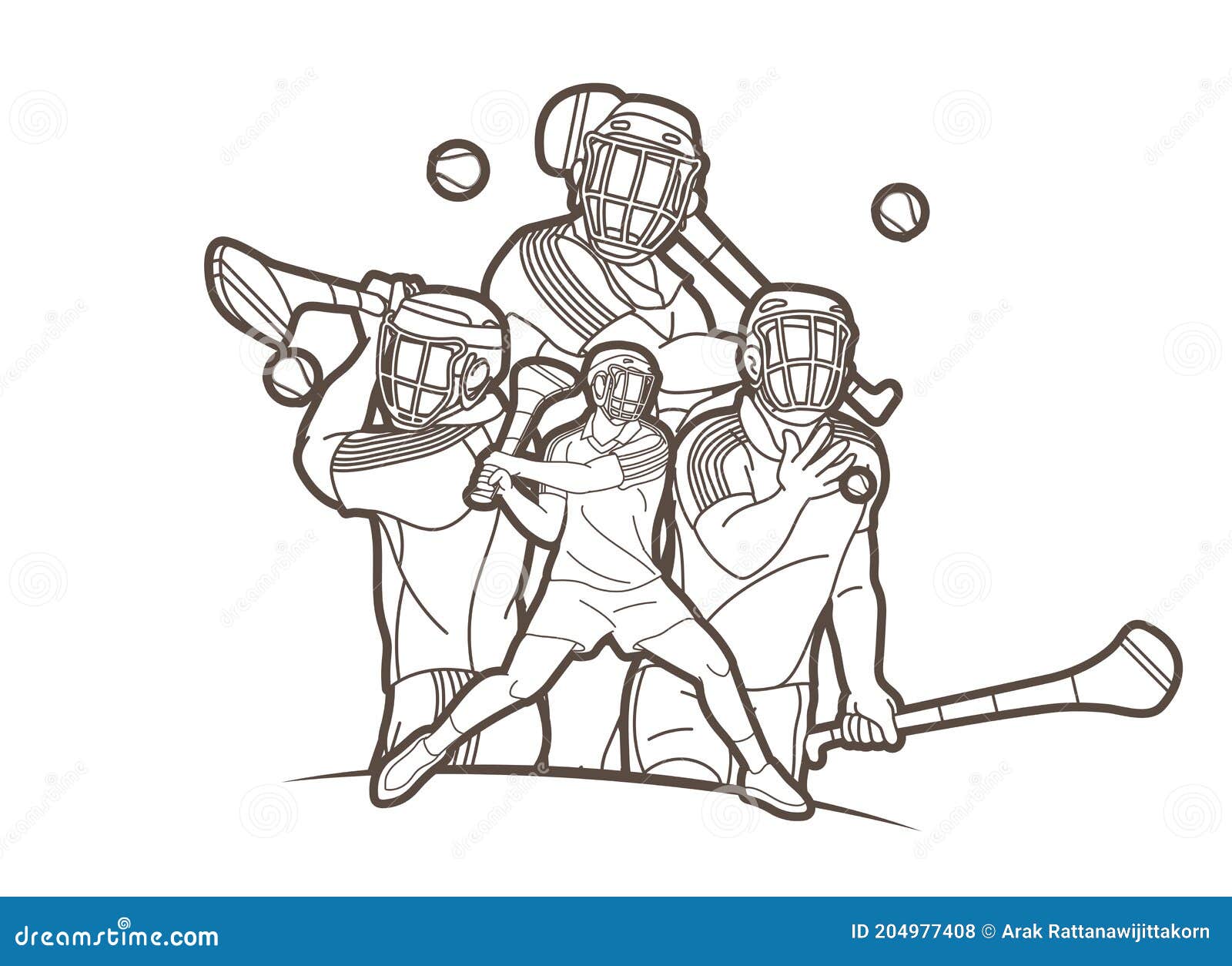 Group of Hurling Sport Players Action. Irish Hurley Sport Cartoon ...