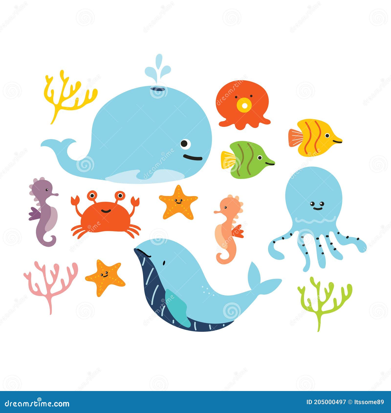 Set of Hand Drawn Vector Sea Creatures with Pastel Color. Collection ...