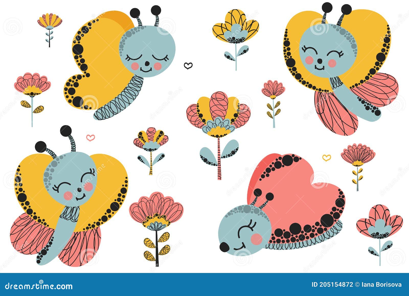 Cartoon Set of 4 Cute Cartoon Funny Characters of Butterflies, Abstract ...