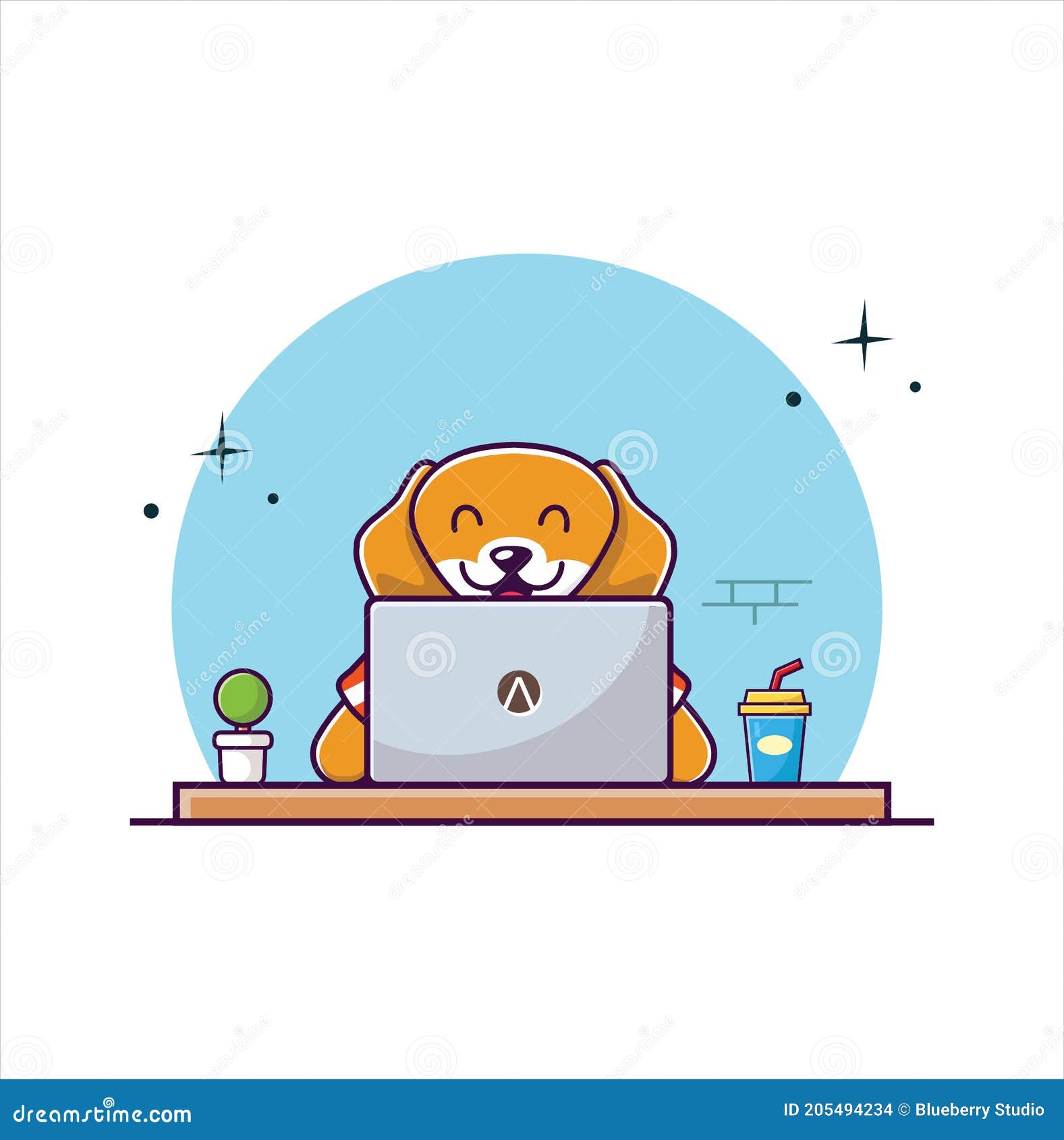 Cute Dog Working on Laptop Cartoon Vector Illustration Stock ...