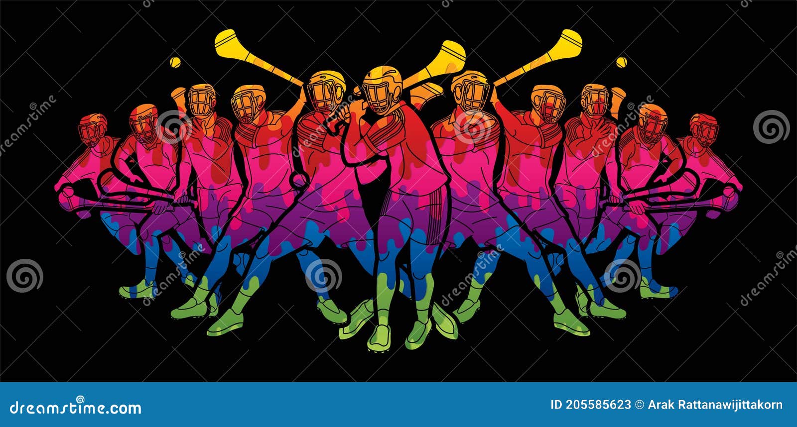 Group of Hurling Sport Players Action. Irish Hurley Sport Cartoon ...