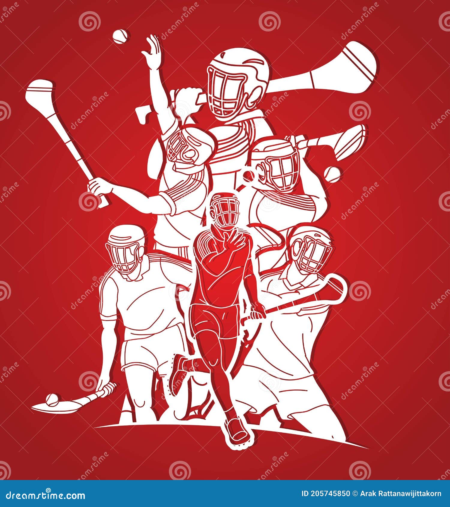 Group of Hurling Sport Players Action. Irish Hurley Sport Cartoon ...