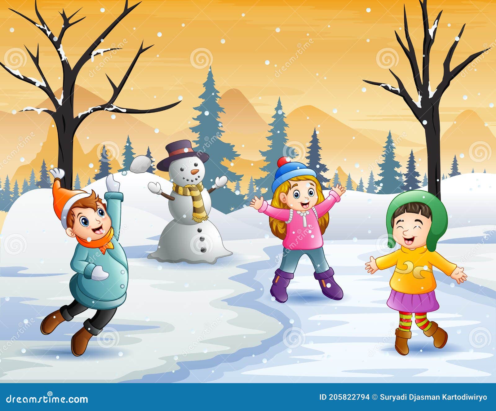 Kids Play in the Snow Very Joyfully Stock Illustration - Illustration ...