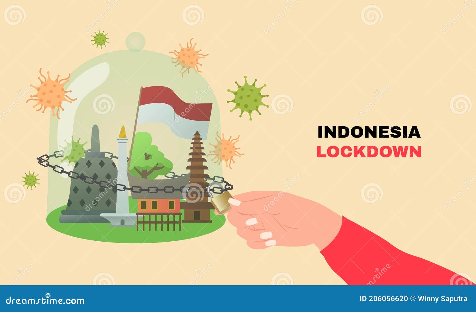 Indonesian Landmark Being Lockdown Banner Design. Corona Virus Mutation ...