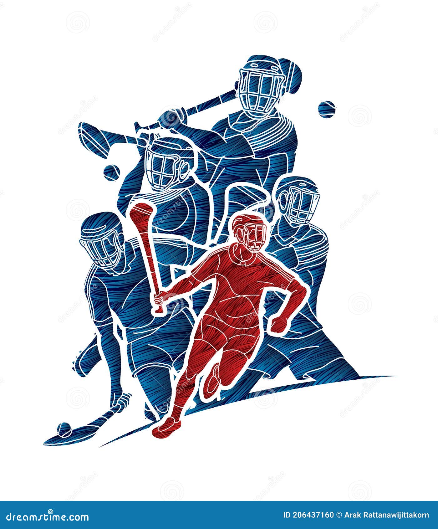 Group of Hurling Sport Players Action. Irish Hurley Sport Cartoon ...