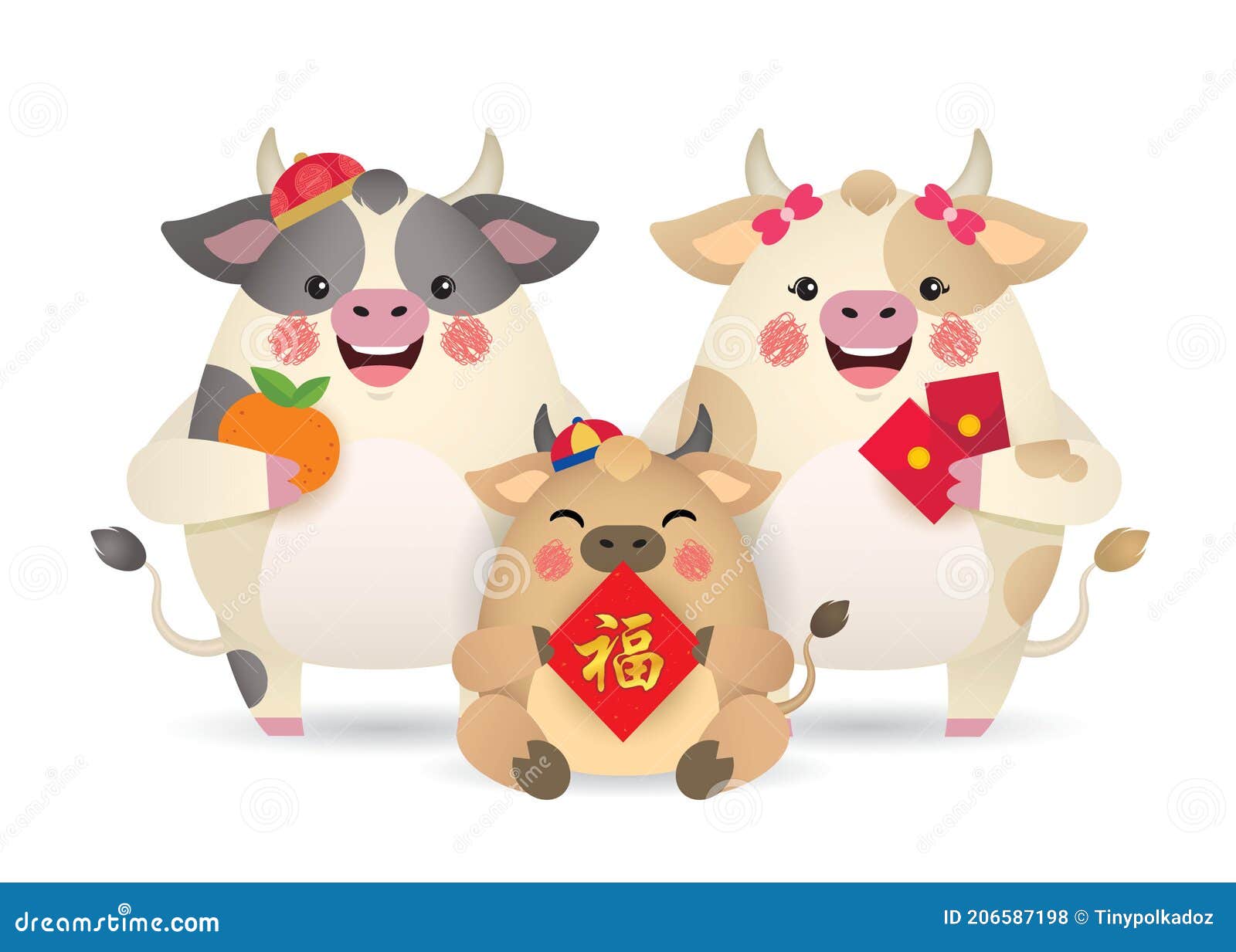2021 CNY - Cartoon Cow Family Holding Tangerine, Red Packet and Chinese ...