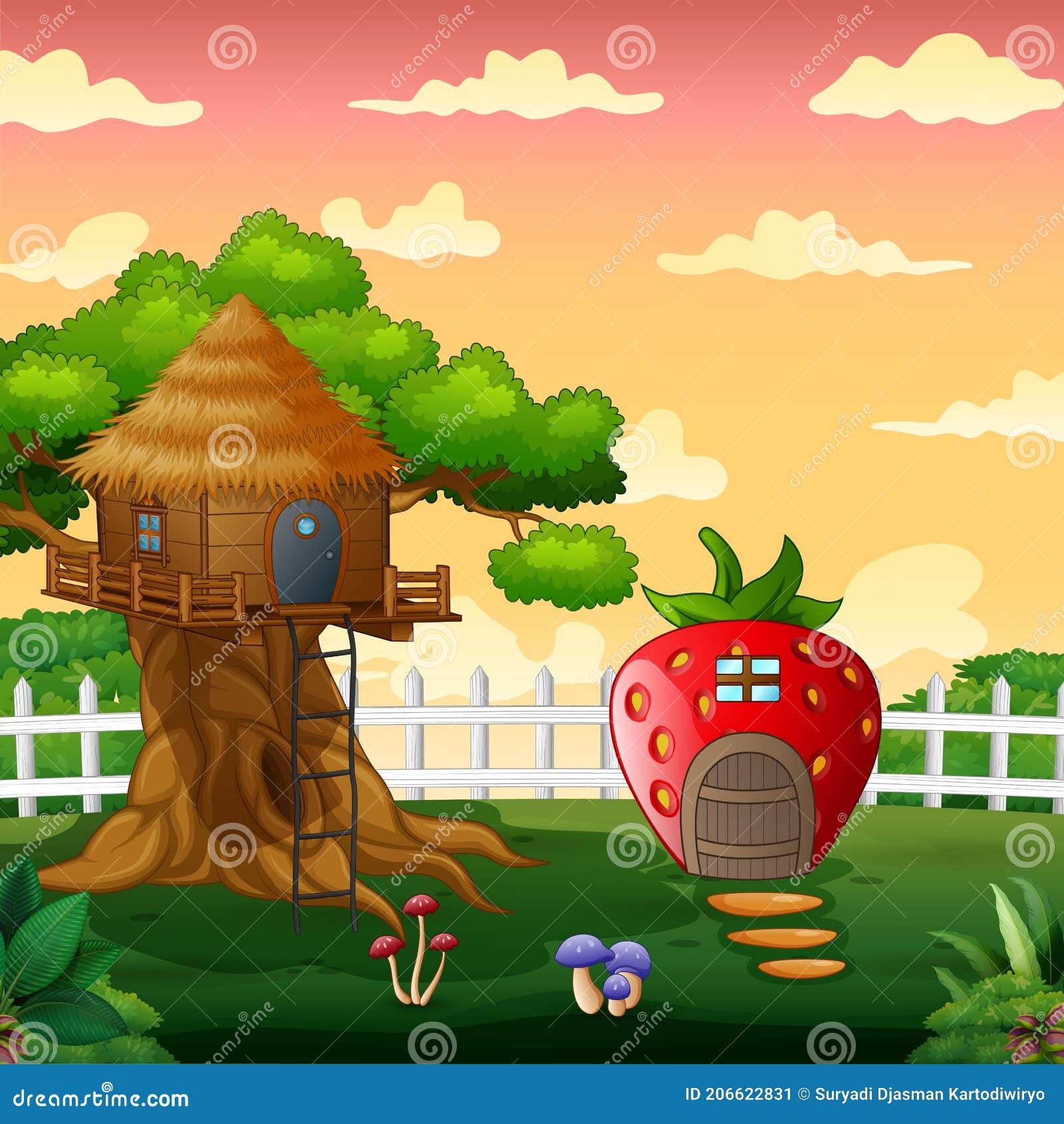 Strawberry House and Treehouse in the Park Landscape Stock Vector ...