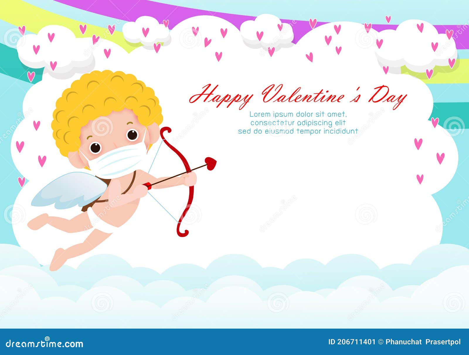 Happy Valentines Day Greeting Card with Cute Cupid Wearing Face Mask ...