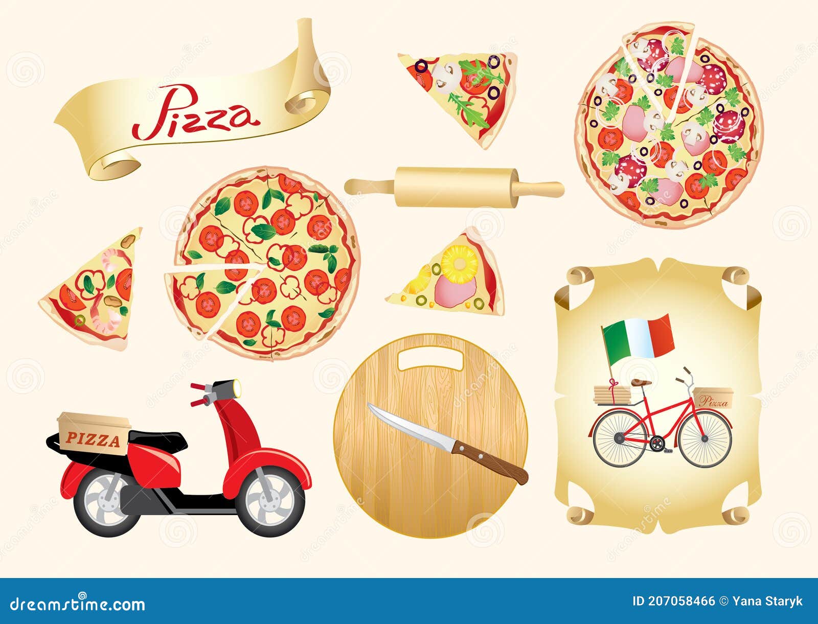 Set on the theme of Pizza stock vector. Illustration of food - 207058466