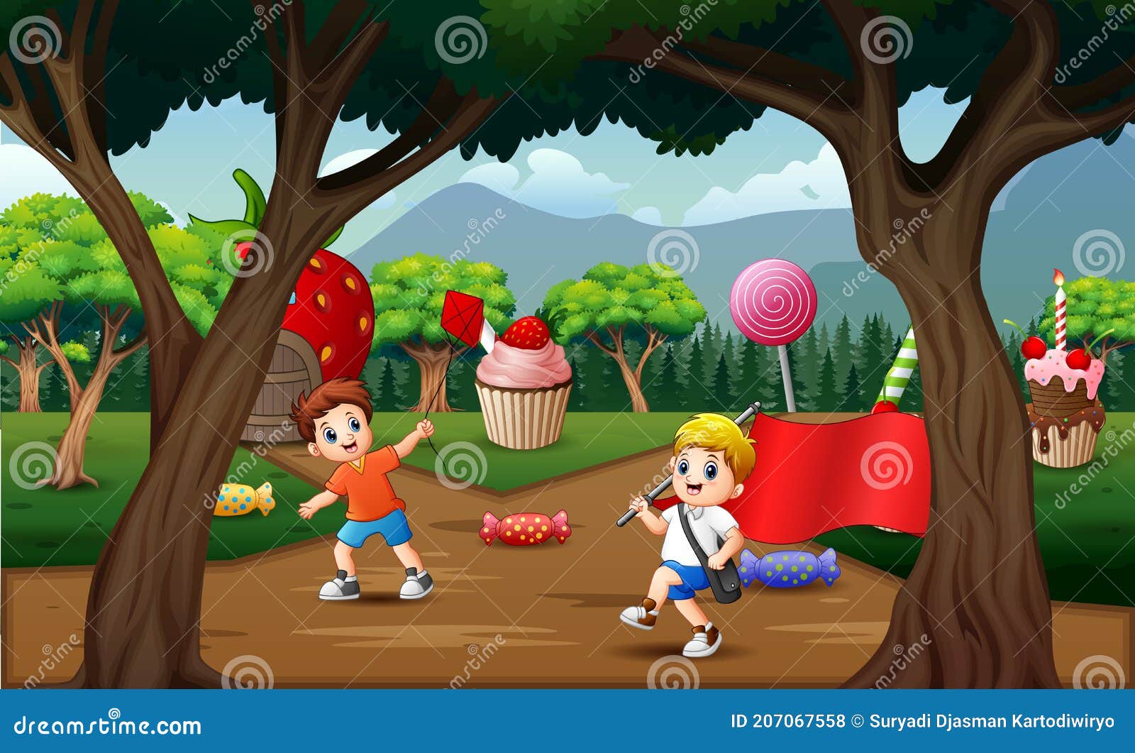 Cartoon Children Playing in the Sweet Land Stock Vector - Illustration ...