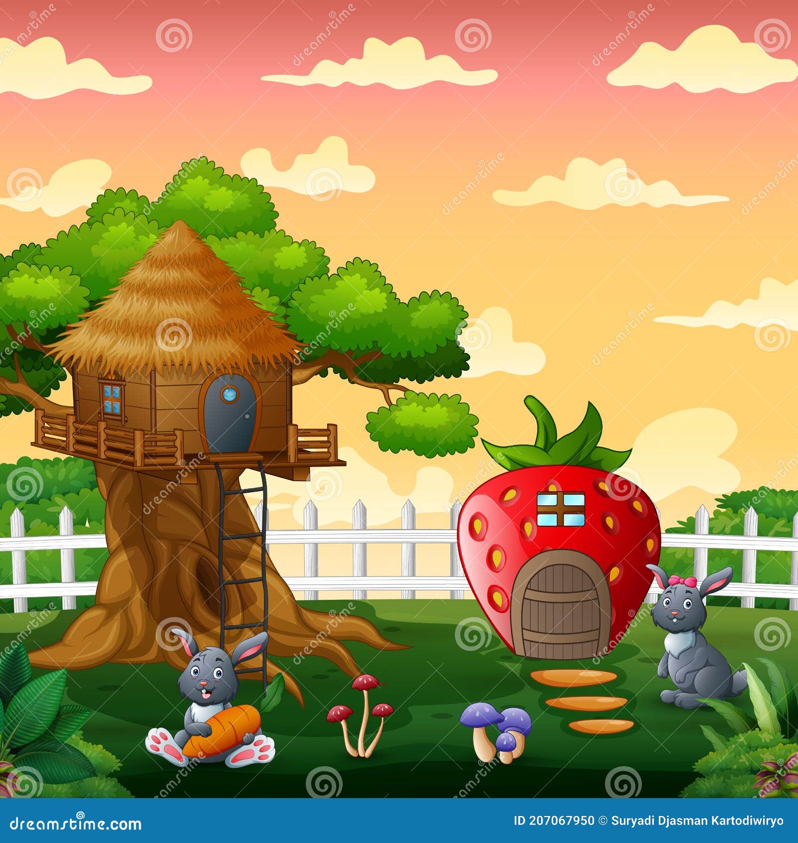 Happy Rabbits Playing in the Fantasy House Stock Vector - Illustration ...