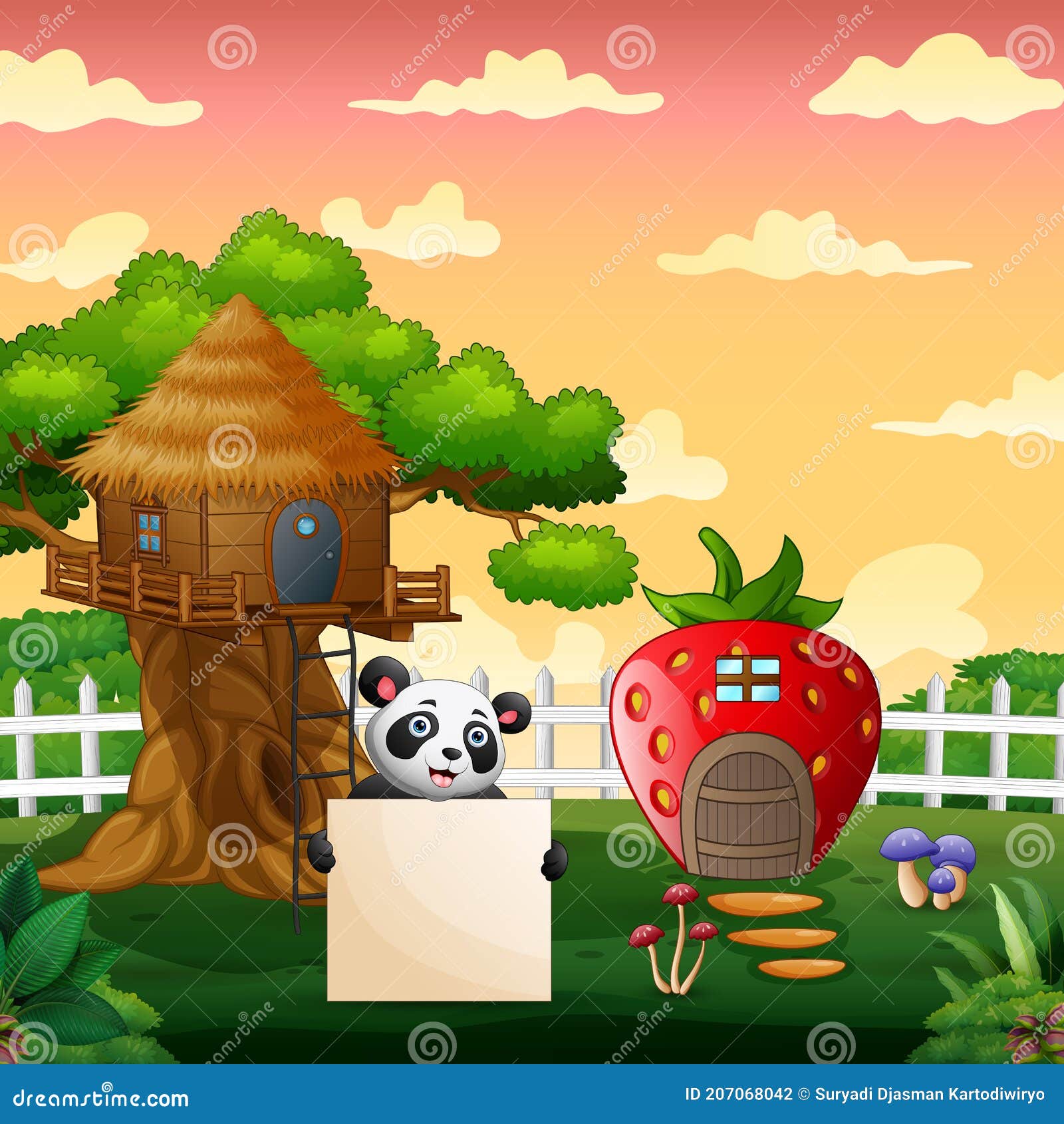 Cartoon Panda Holding Blank Sign in the Middle of Treehouse and ...