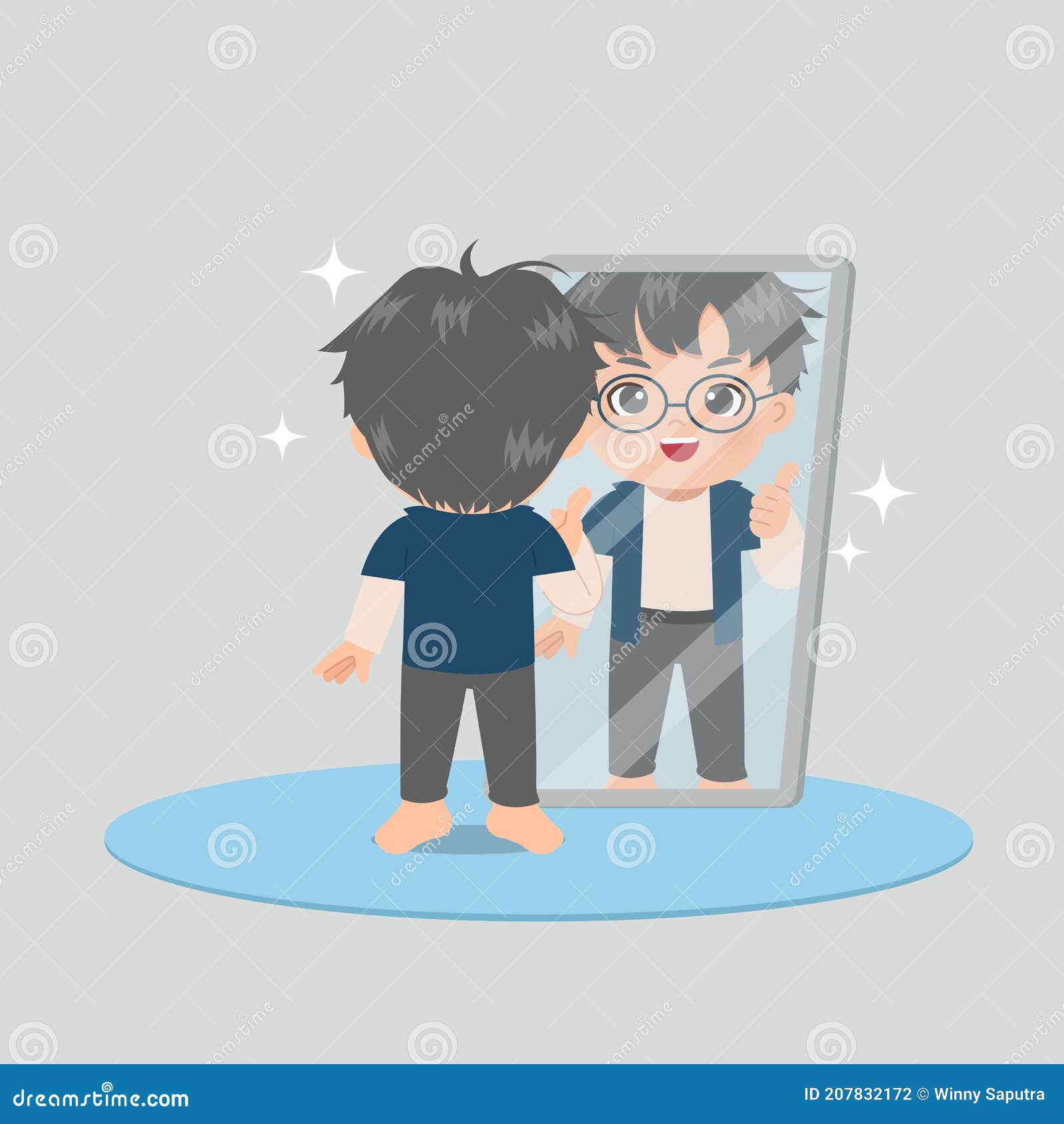 Cute Glasses Boy Standing in Front of Mirror and Give Himself a Thumbs ...