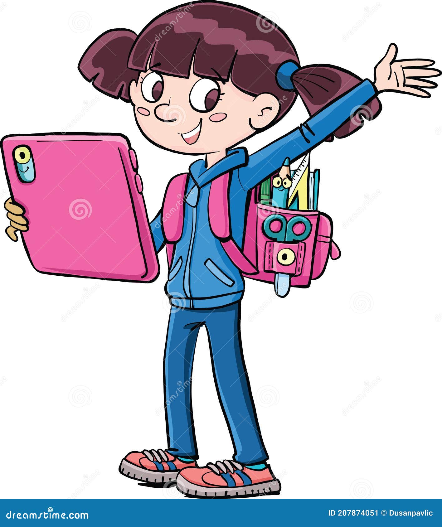 Girl with a Tablet and a Backpack Stock Vector - Illustration of craft ...