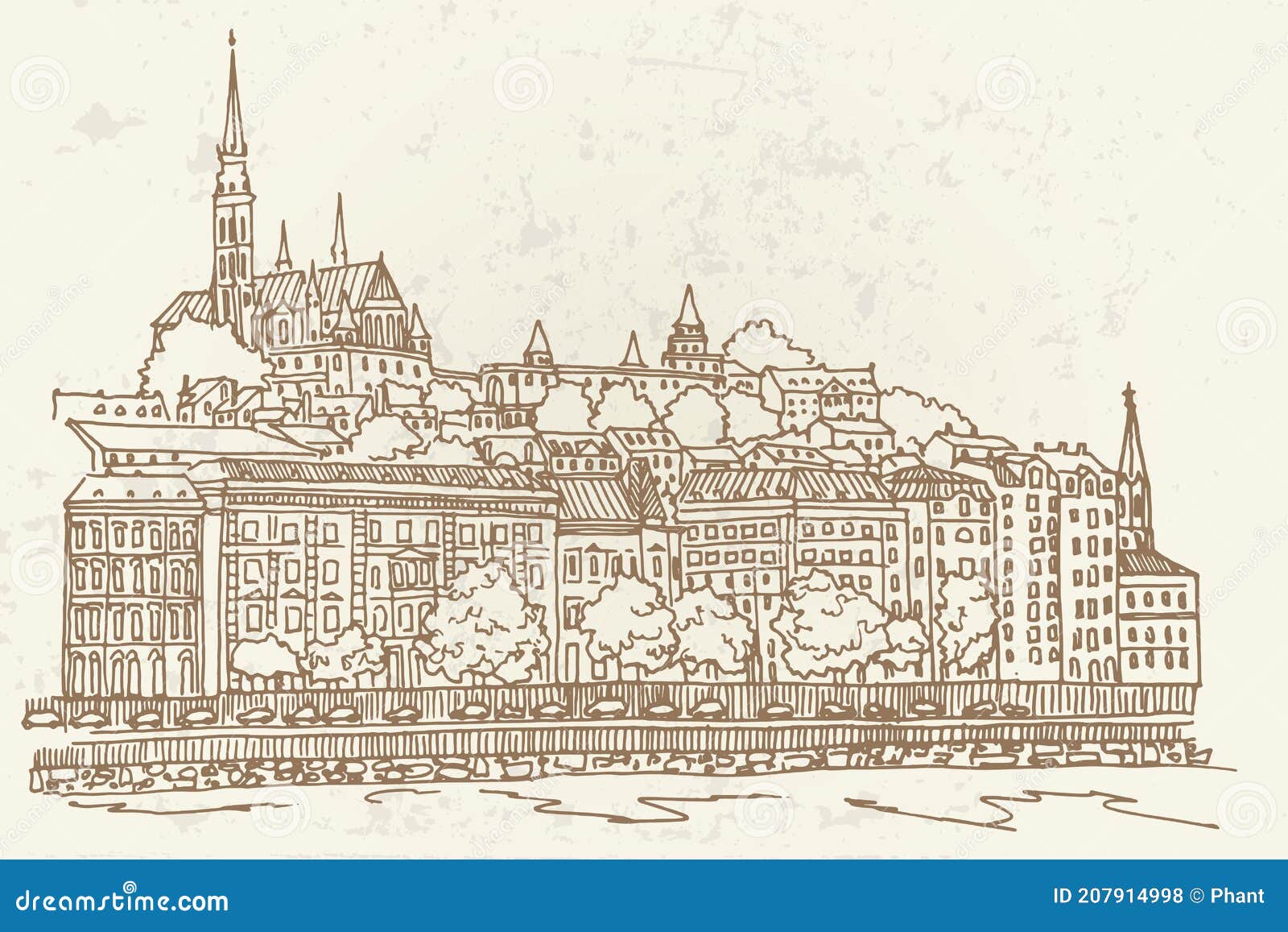 Vector Sketch of Budapest Cityscape with Buda Castle and Danube River ...