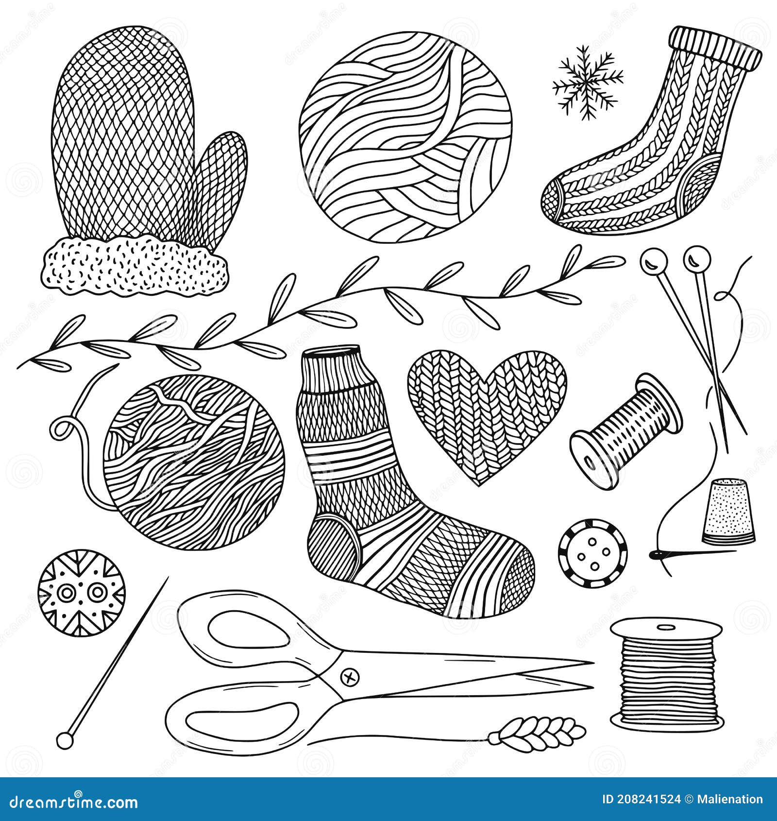 Hand Drawn Knitting Tools. Craft Supplies Collection Stock Vector ...