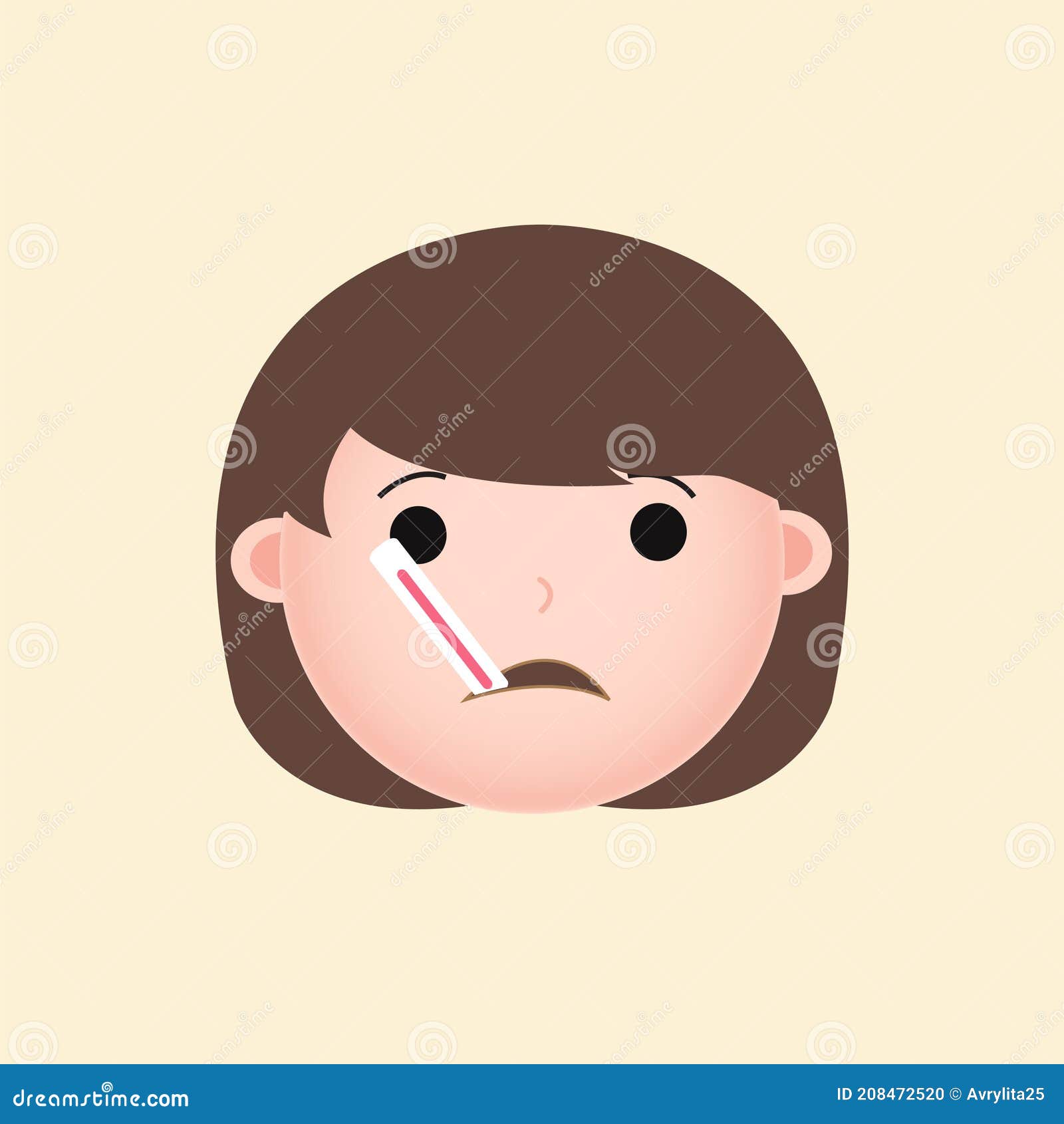 Girl Head Sick with Thermometer Cartoon Illustration Vector Stock ...