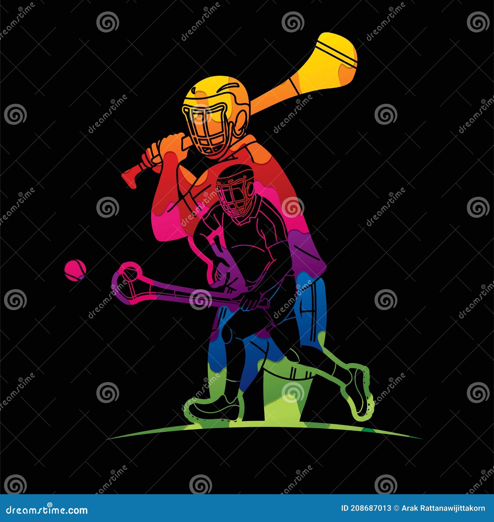 Group of Hurling Sport Players Action. Irish Hurley Sport Cartoon ...