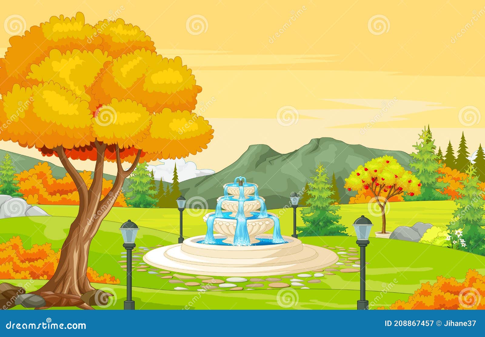 Beautiful Garden View with Fountain Stock Illustration - Illustration ...