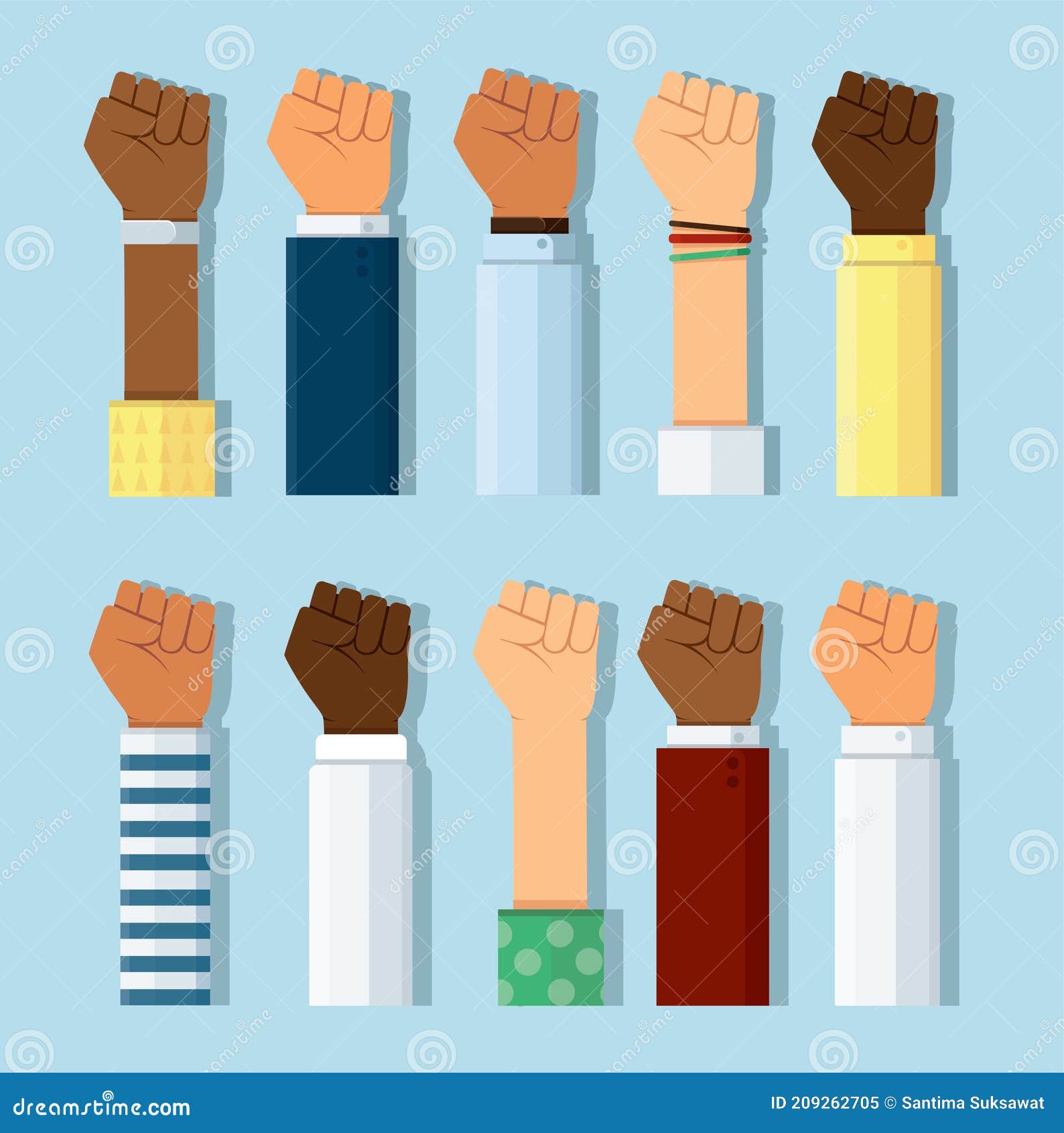 Fist Hands Up Of Different Types Of Skins Vector Design | CartoonDealer ...