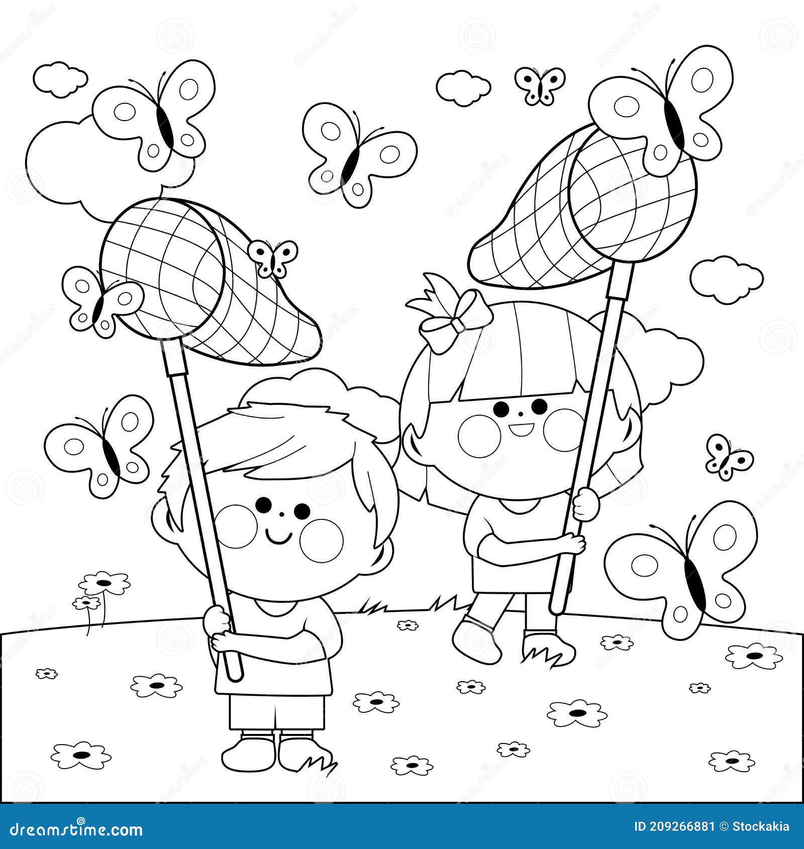 Children With Butterfly Nets Catching Butterflies. Vector Black And ...