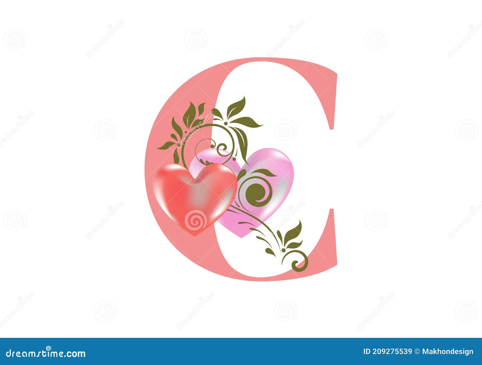Floral Alphabet, Letter C with Two Hearts. Monogram for Wedding ...