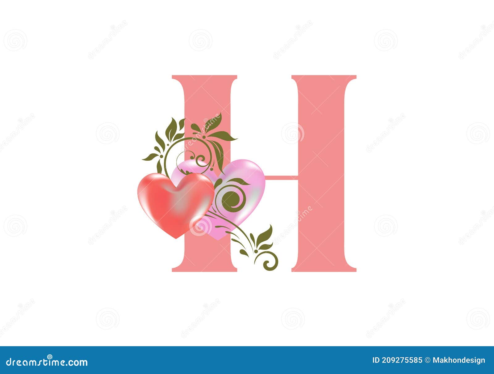 Floral Alphabet, Letter H with Two Hearts. Monogram for Wedding ...