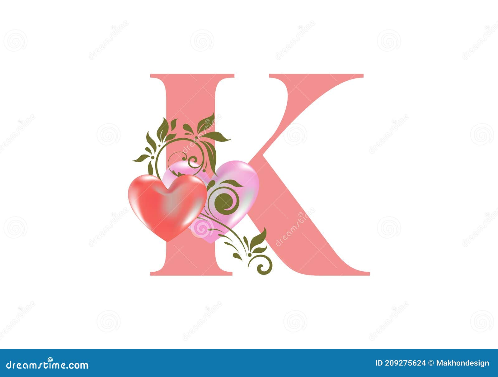 Floral Alphabet, Letter K with Two Hearts. Monogram for Wedding ...