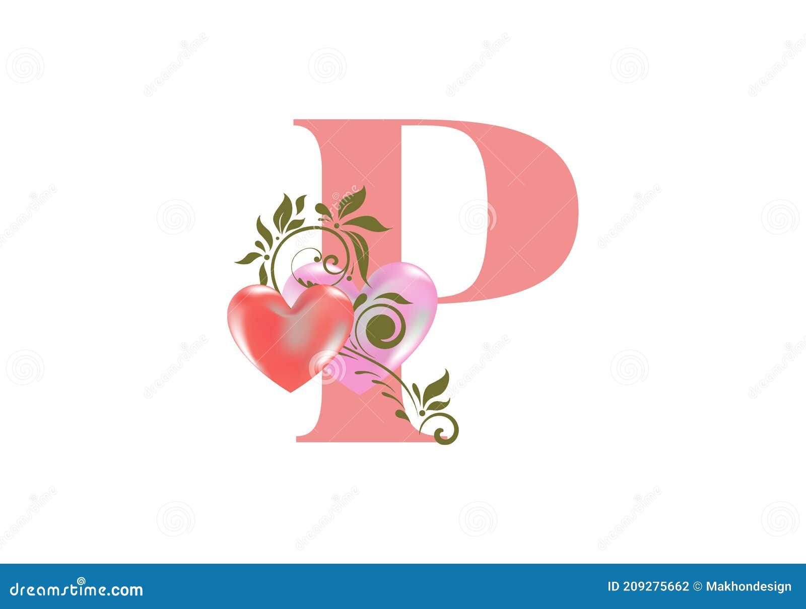 Floral Alphabet, Letter P with Two Hearts. Monogram for Wedding ...