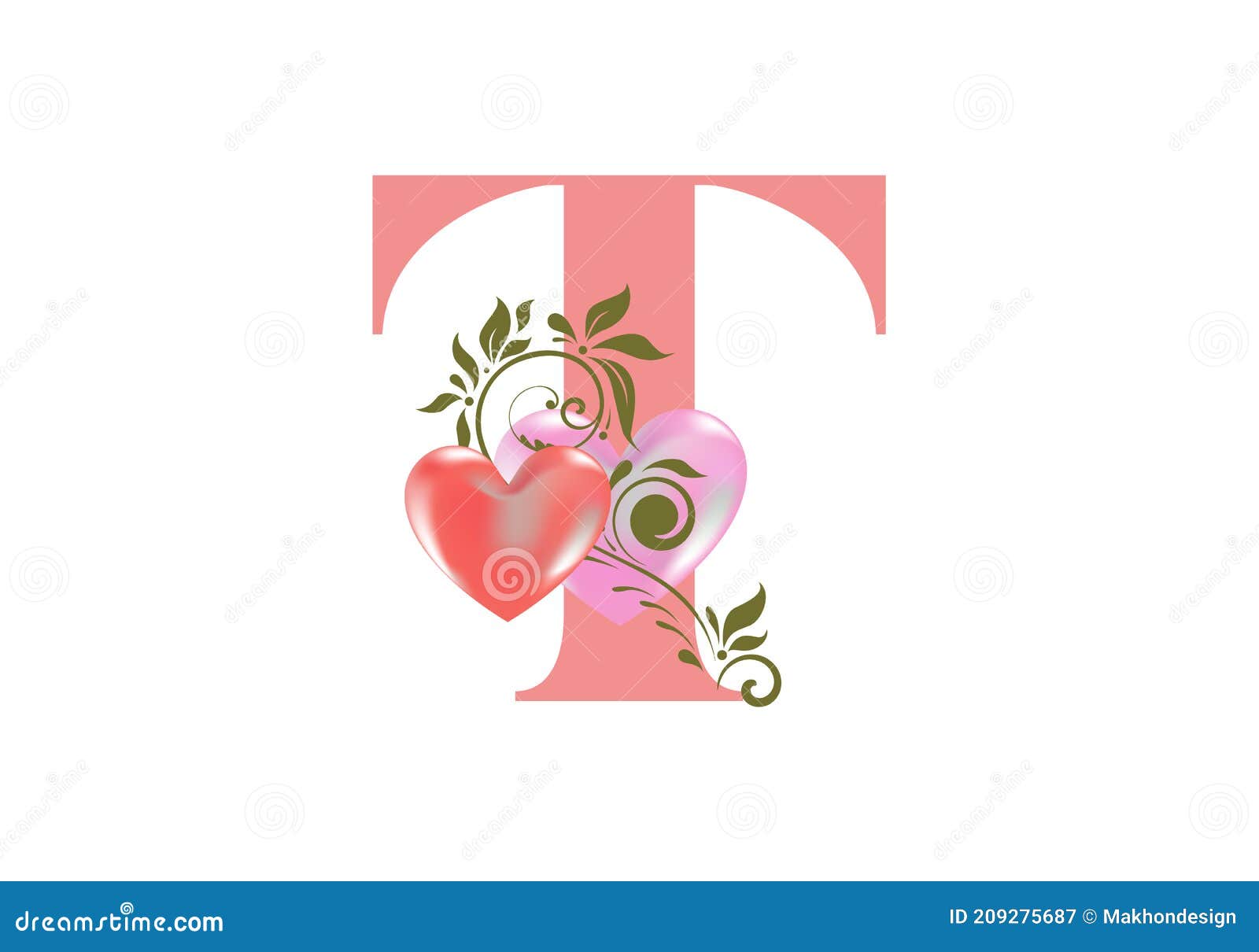 Floral Alphabet, Letter T with Two Hearts. Monogram for Wedding ...