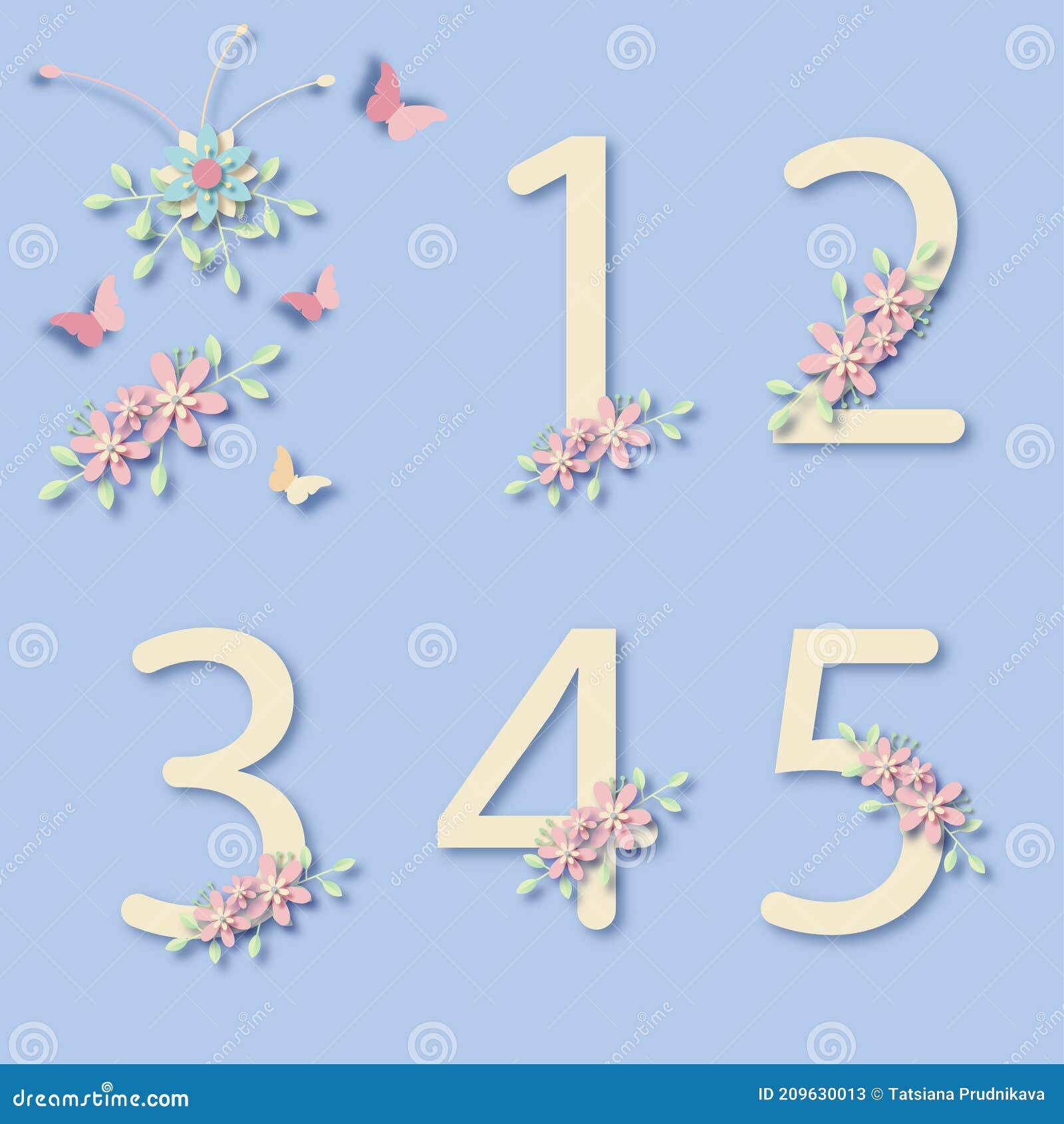 Flower Numbers Set Decorated with Flowers Elegant Numbers 1 2 3 4 5 ...