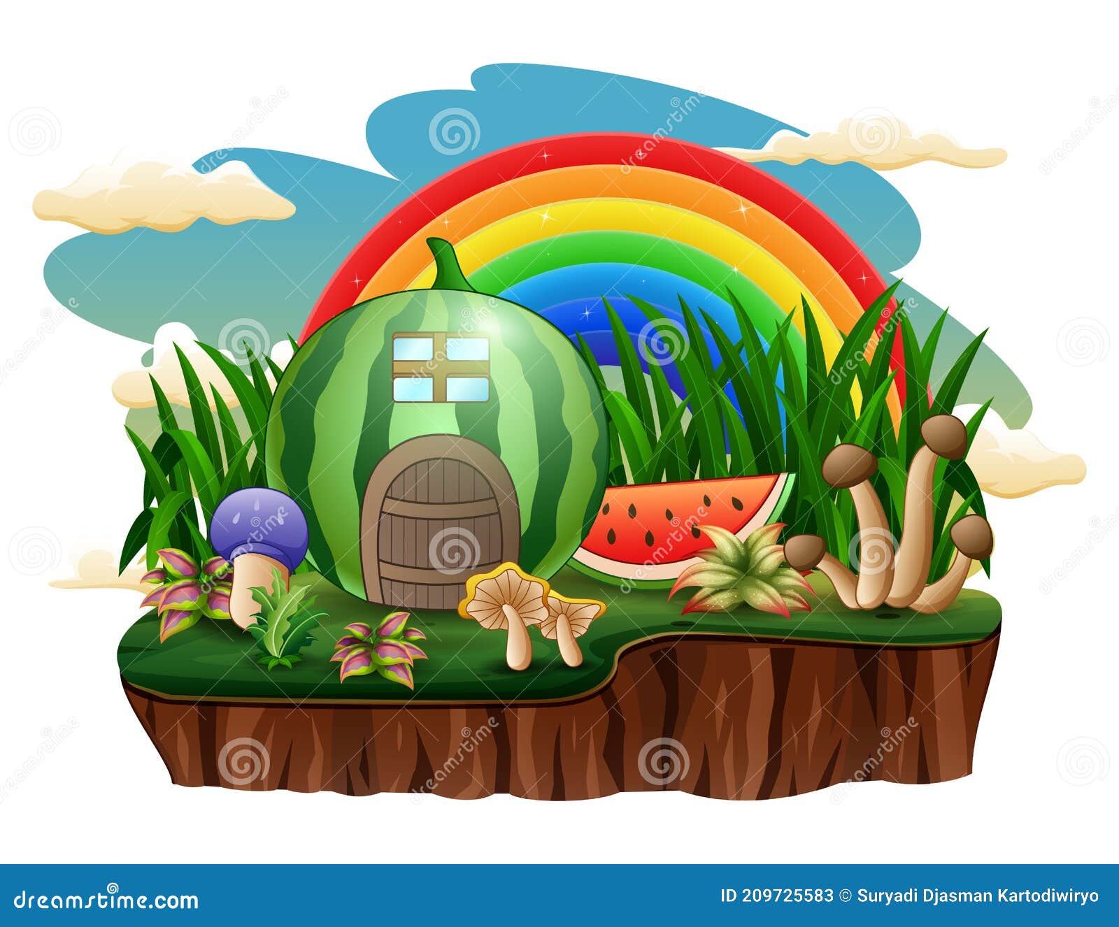 Illustration of Watermelon House with a Rainbow on the Island Stock ...