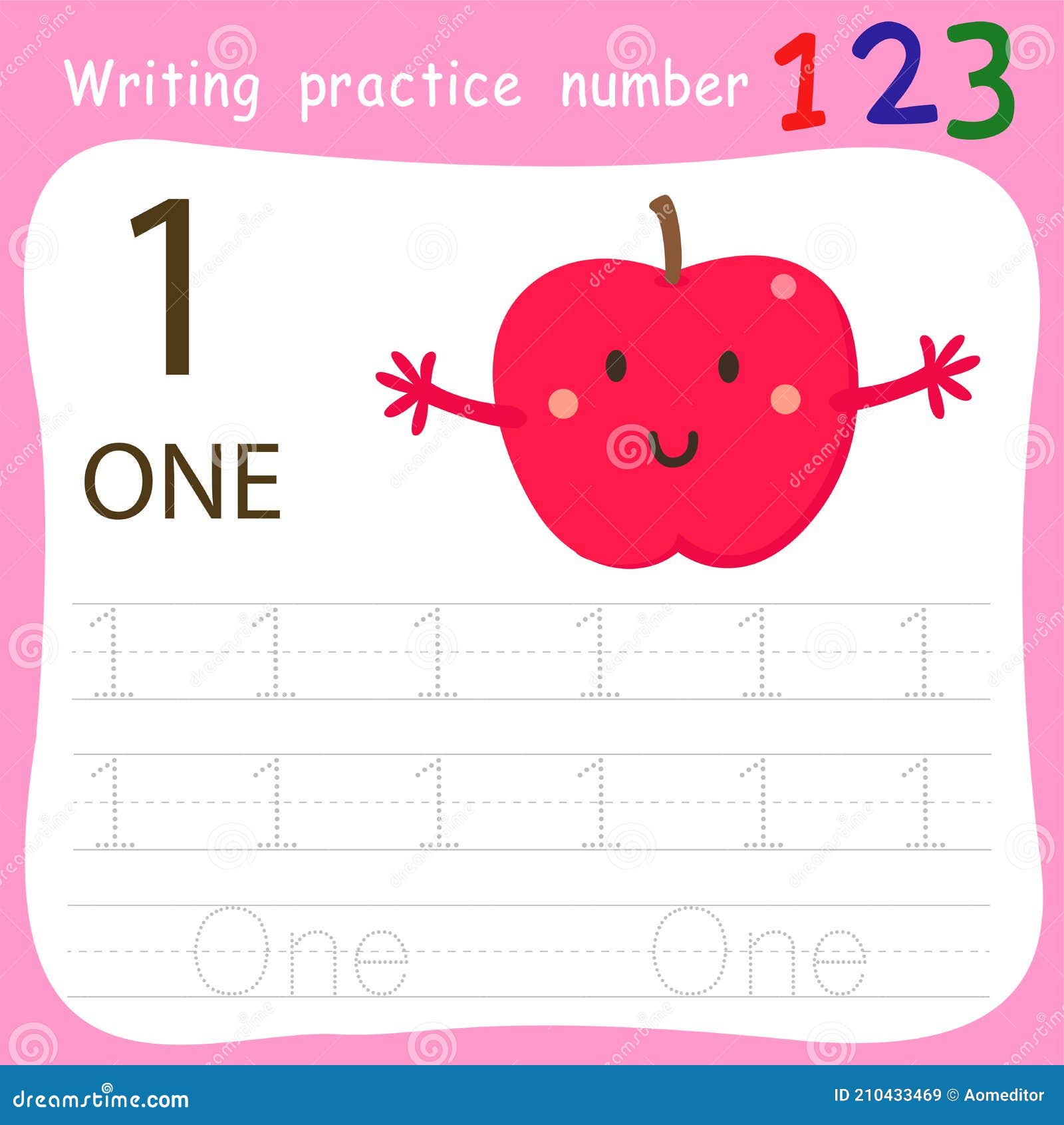 Worksheet Writing Practice Number One Stock Vector - Illustration of ...