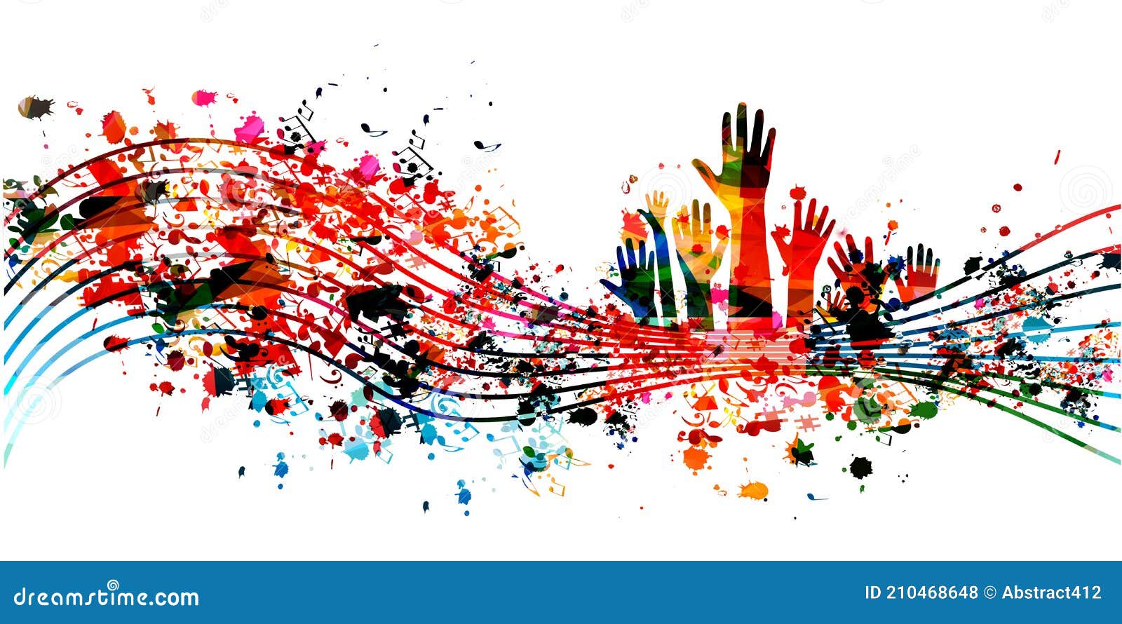Musical Background with Colorful Musical Staff and Hands Raised Vector ...